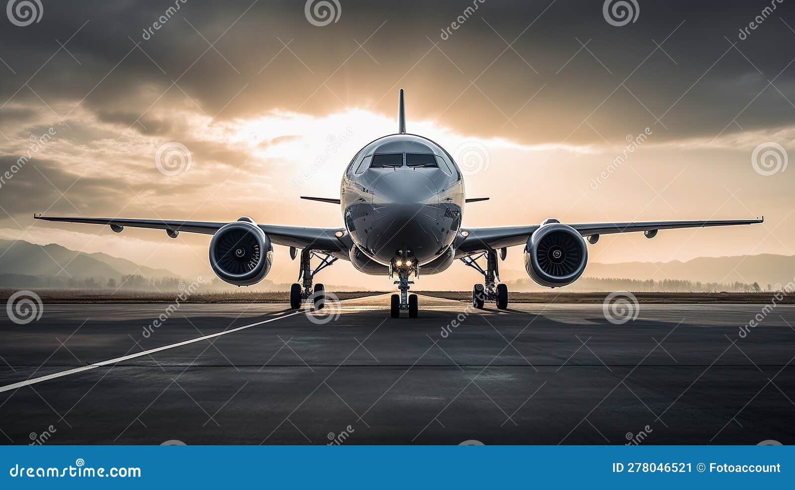 Front View of an Airplane Taking Off on the Runway at Sunset ...