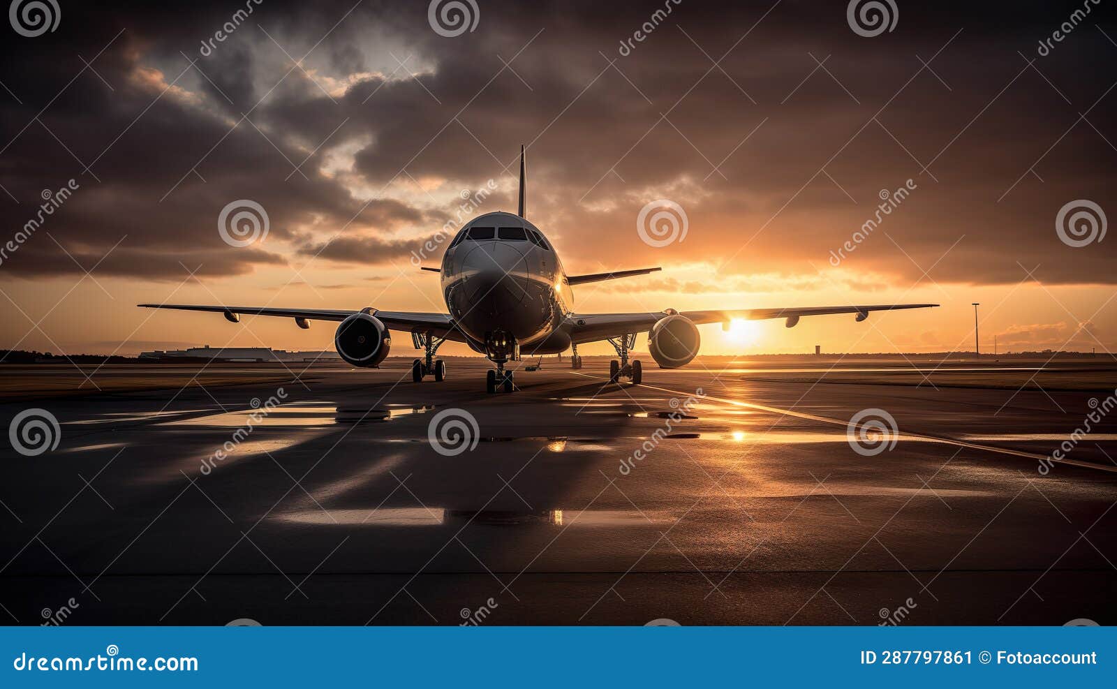 Front View of an Airplane Taking Off on the Runway at Sunset ...
