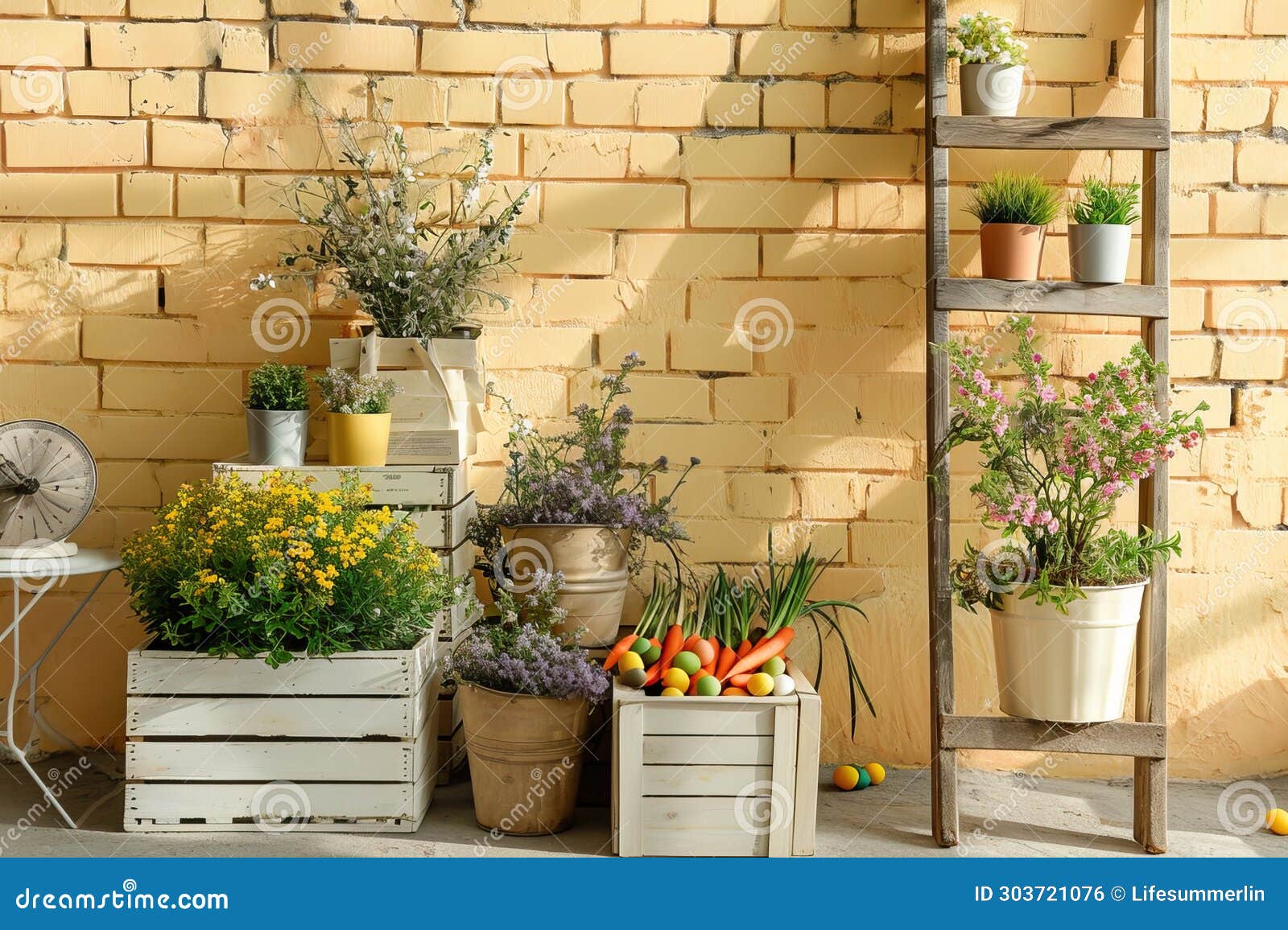 Front View Backdrop with Brick Wall, White Wooden Crates, Tulips, and ...