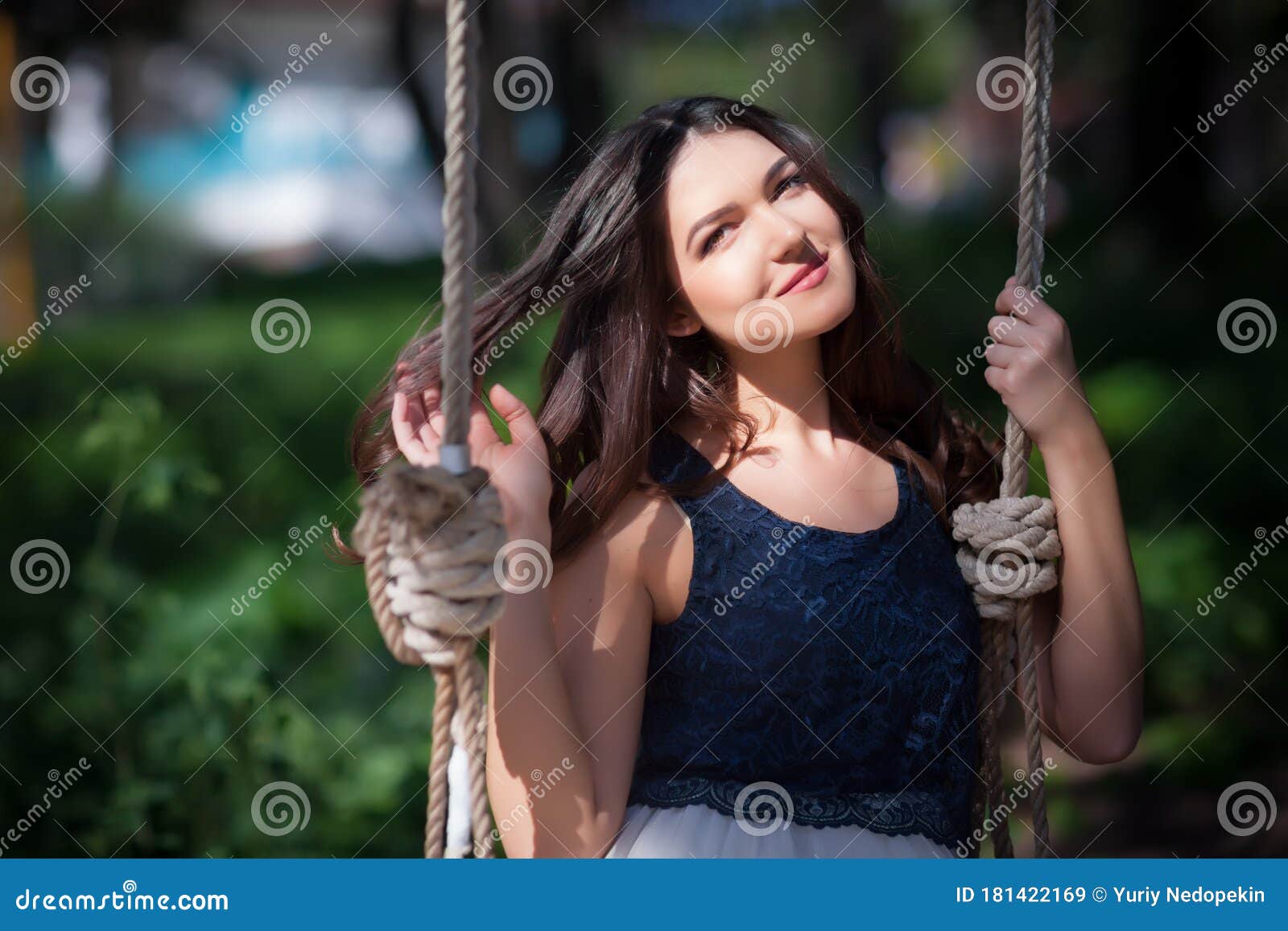 Joyful Lady Swinging On Swing Outdoors Stock Image Image Of Human