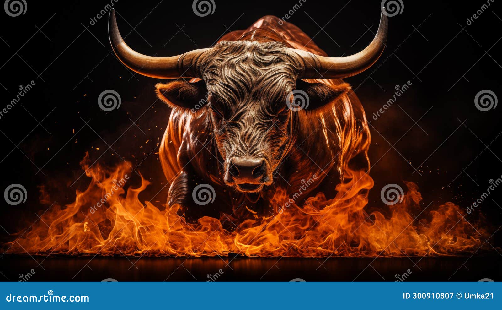 Front View of Big Black Burning Bull Galloping on Fire, on a Black ...