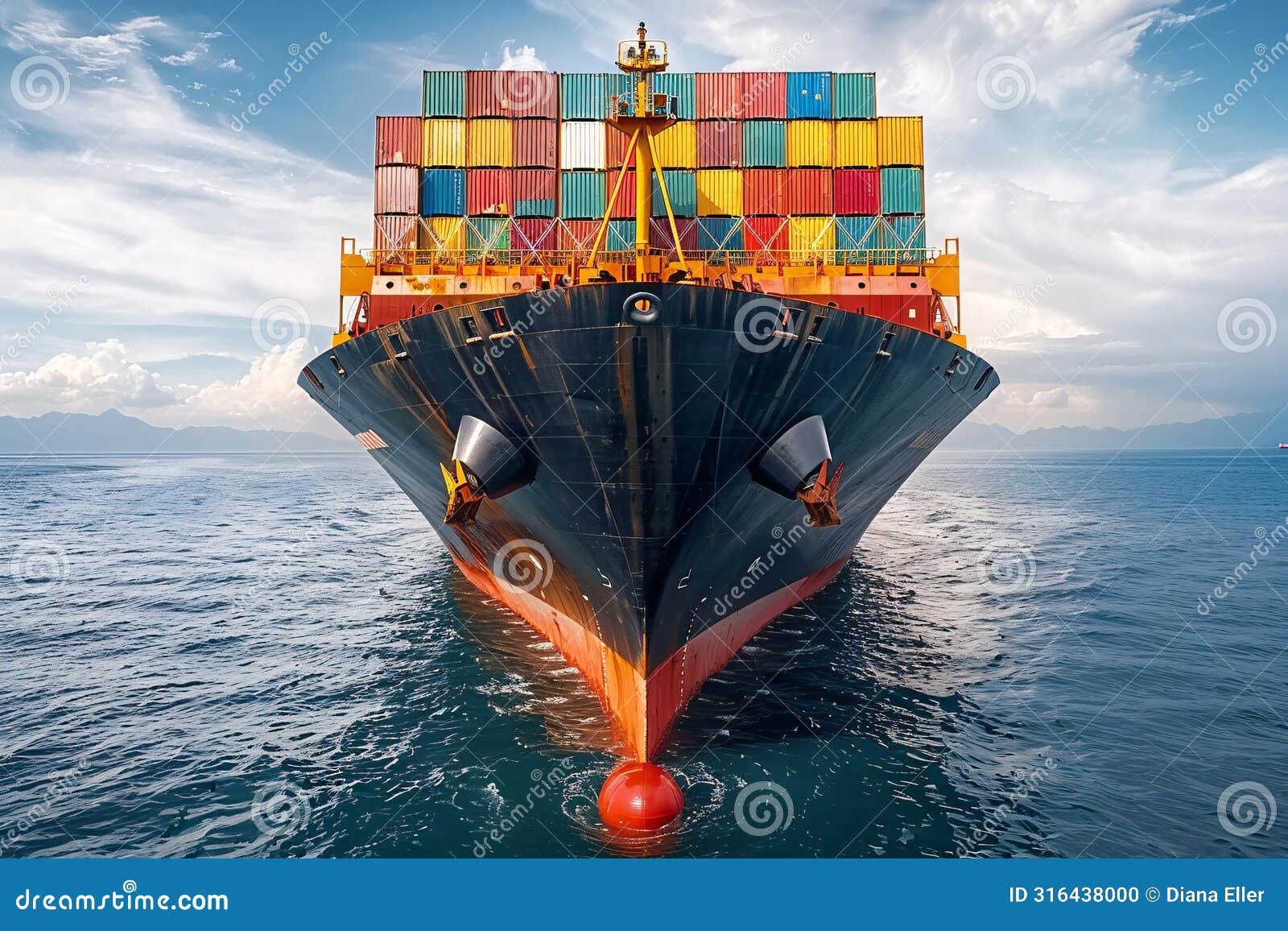 Front View of Big Ship with Containers in the Sea Stock Illustration ...