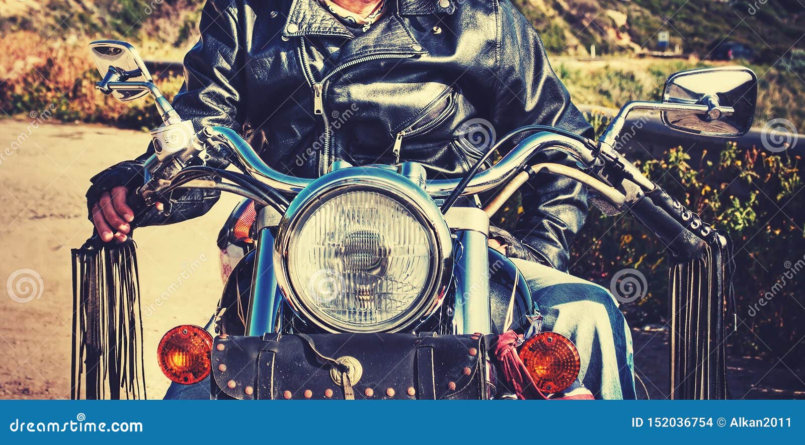 Front View of Biker and Motorcycle in Vintage Tone Stock Photo - Image ...