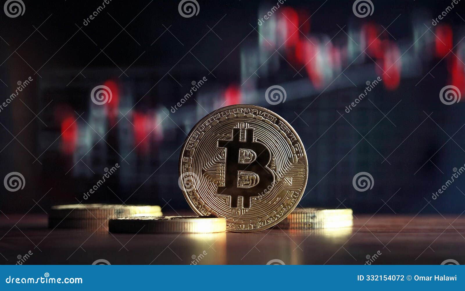 Front View of a Bitcoin, Background Animated Stream of Interfaces with ...