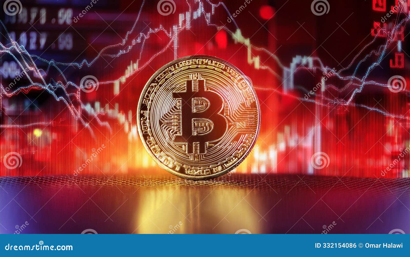 Front View of a Bitcoin, Background Animated Stream of Interfaces with ...