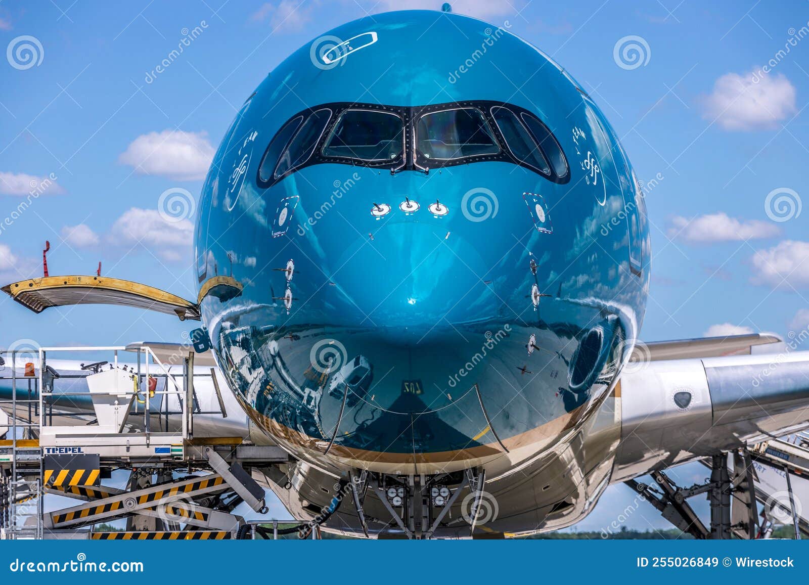 Front View of a Blue Jet Plane with a Blue Sky in the Background. a ...