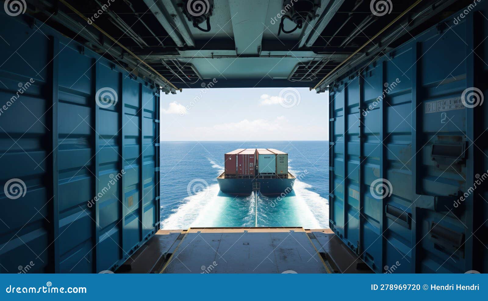 Front View from Bow of a Large Blue Shipping Container Ship in the ...