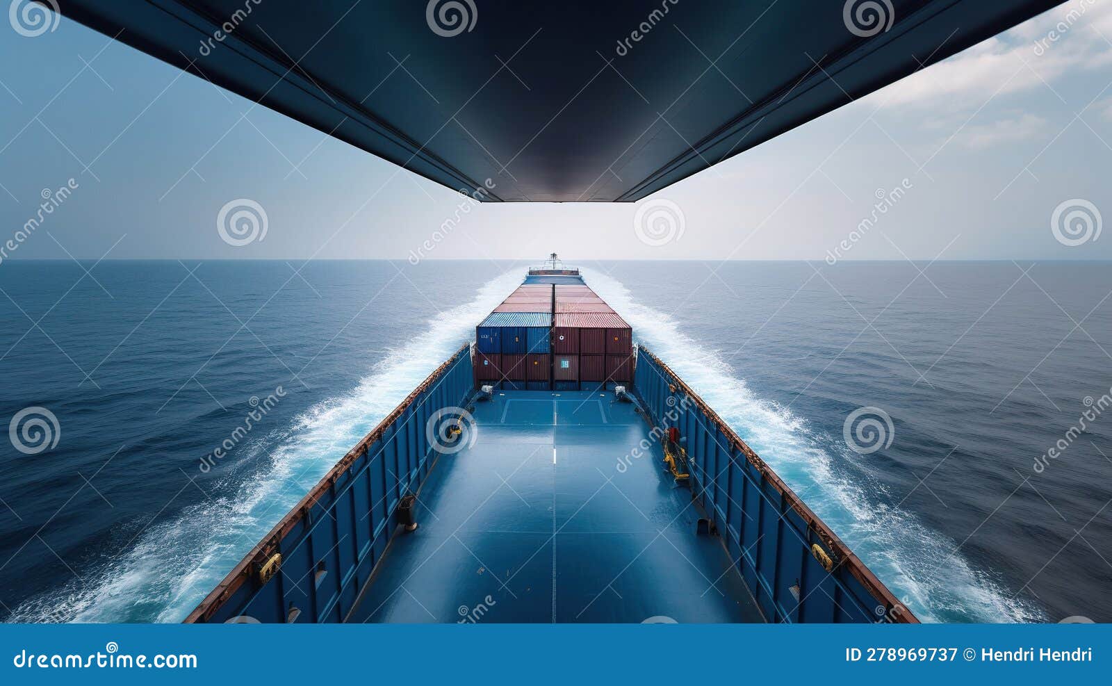 Front View from Bow of a Large Blue Shipping Container Ship in the ...