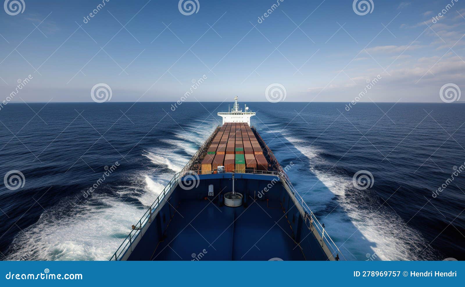 Front View from Bow of a Large Blue Shipping Container Ship in the ...