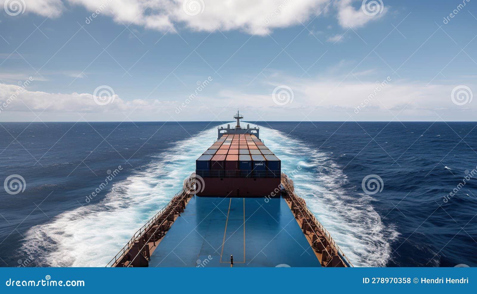 Front View from Bow of a Large Blue Shipping Container Ship in the ...