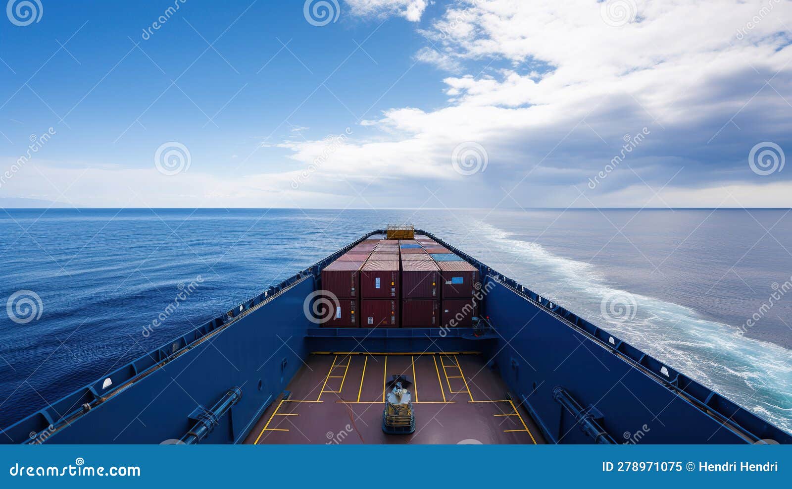 Front View from Bow of a Large Blue Shipping Container Ship in the ...
