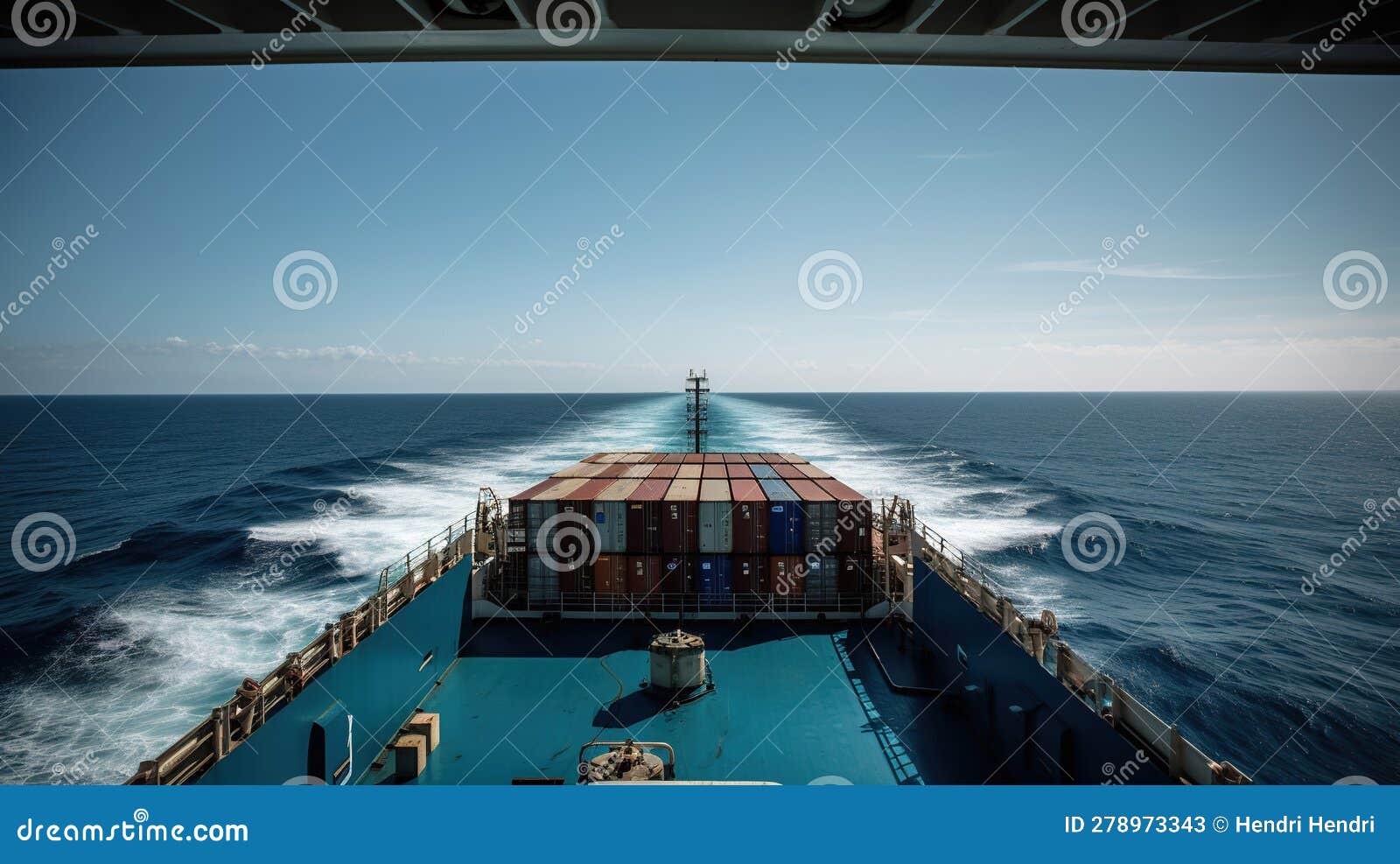 Front View from Bow of a Large Blue Shipping Container Ship in the ...