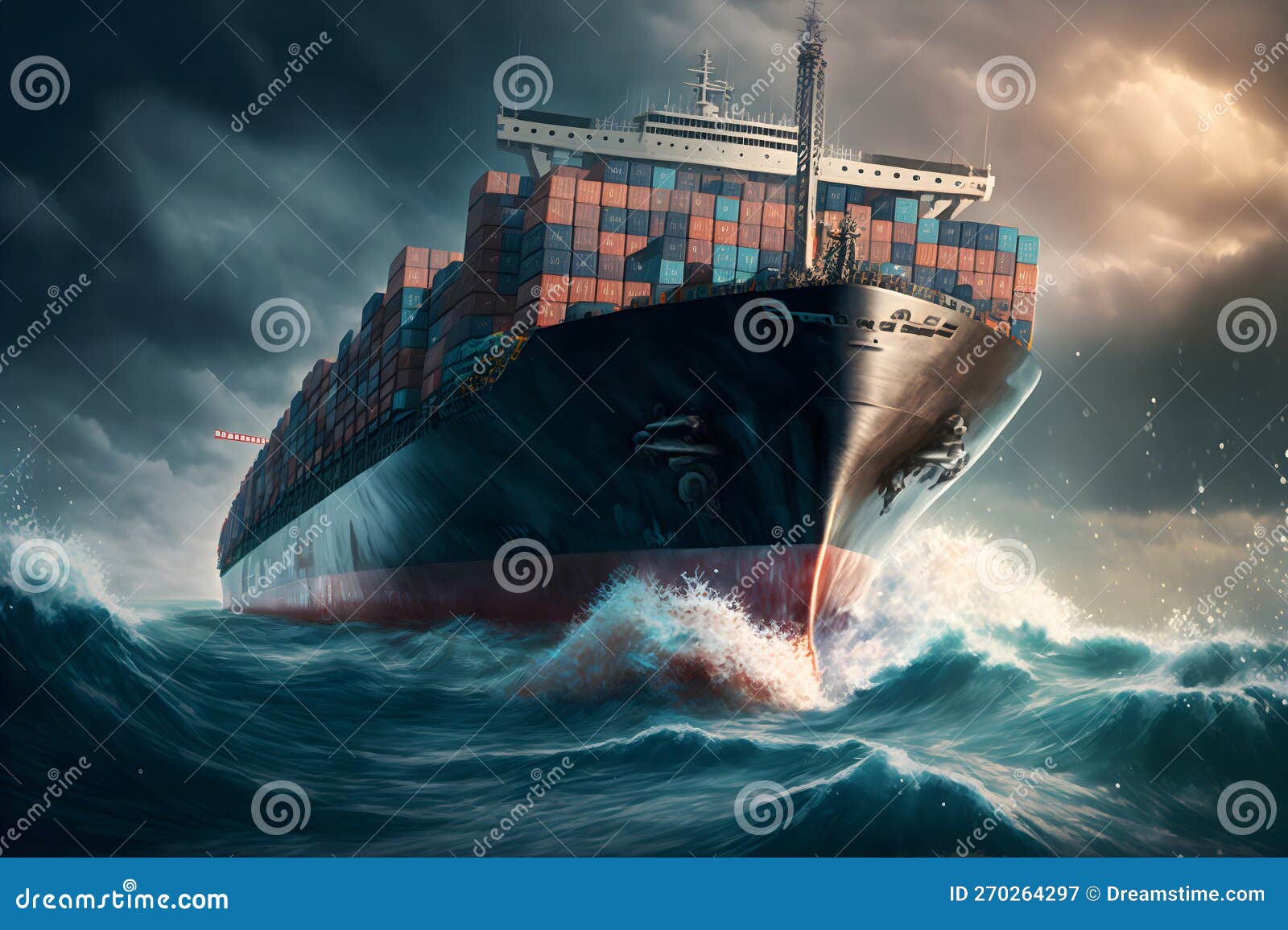 Front View from Bow of a Large Blue Shipping Container Ship in the ...