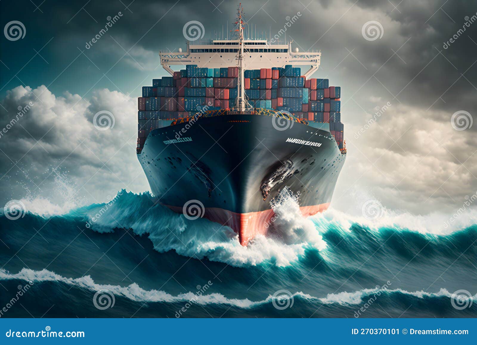 Front View from Bow of a Large Blue Shipping Container Ship in the ...