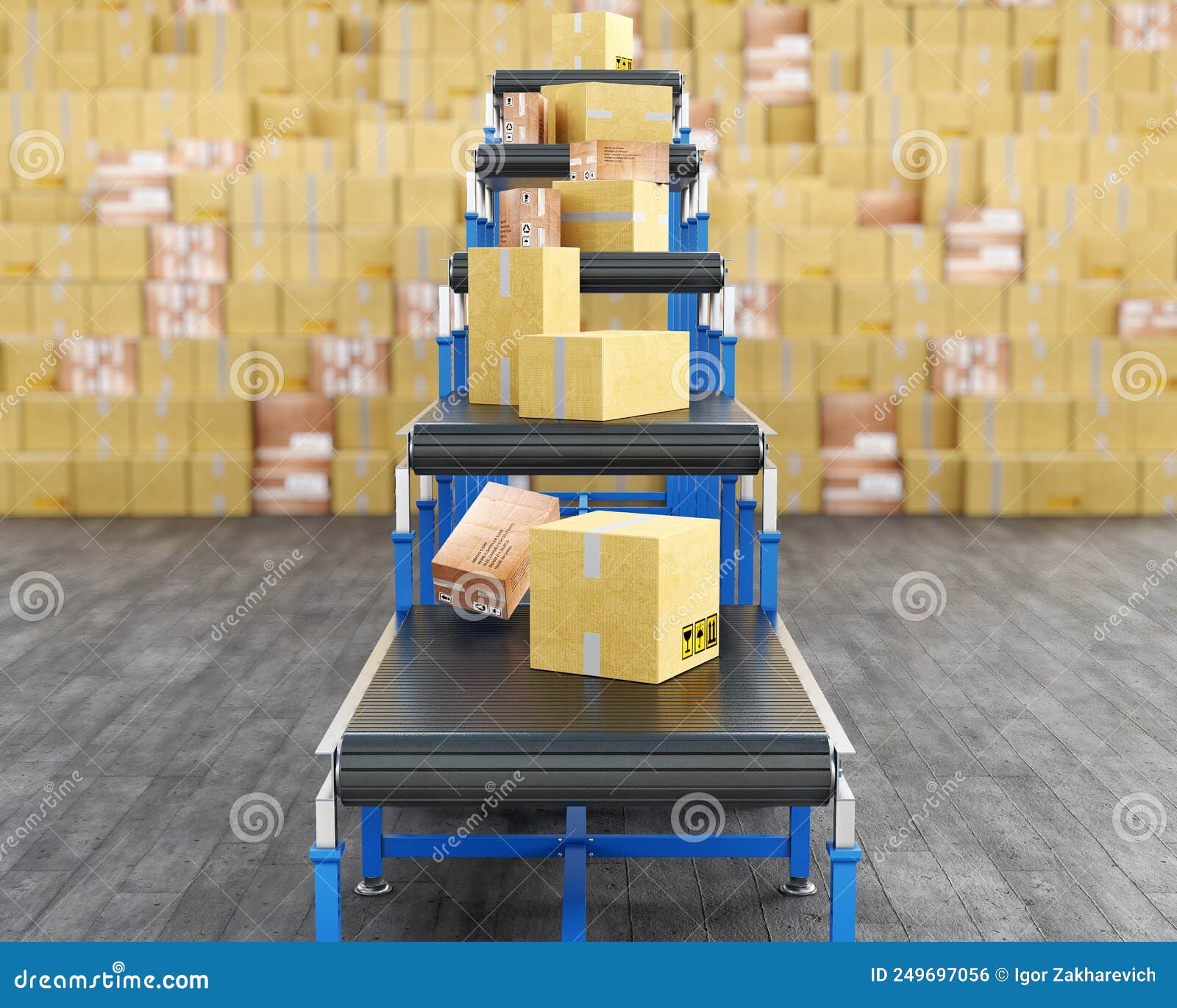 Front View on Boxes Move Along the Conveyor Belts, Big Stack of Boxes ...