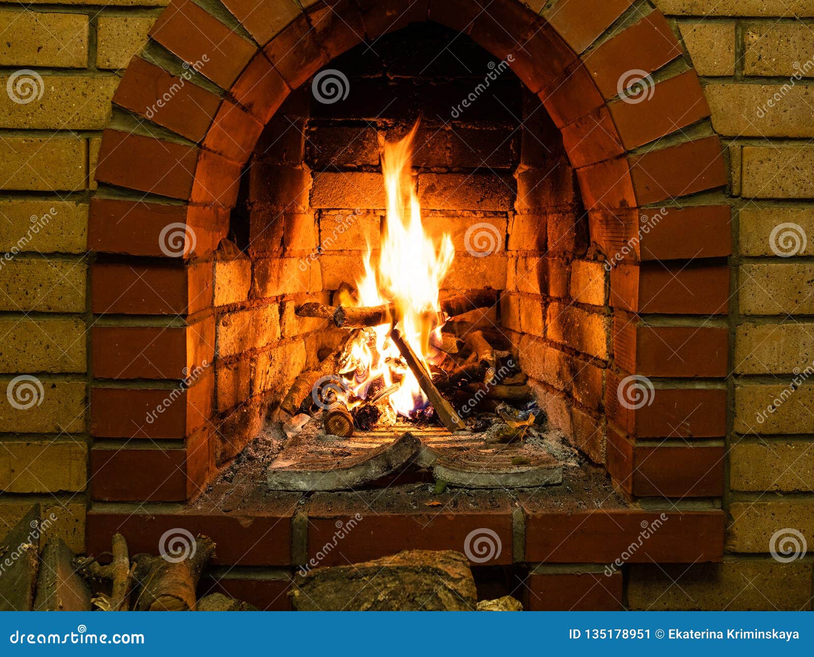 Front View of Brick Fireplace with Fire Stock Image - Image of burn ...