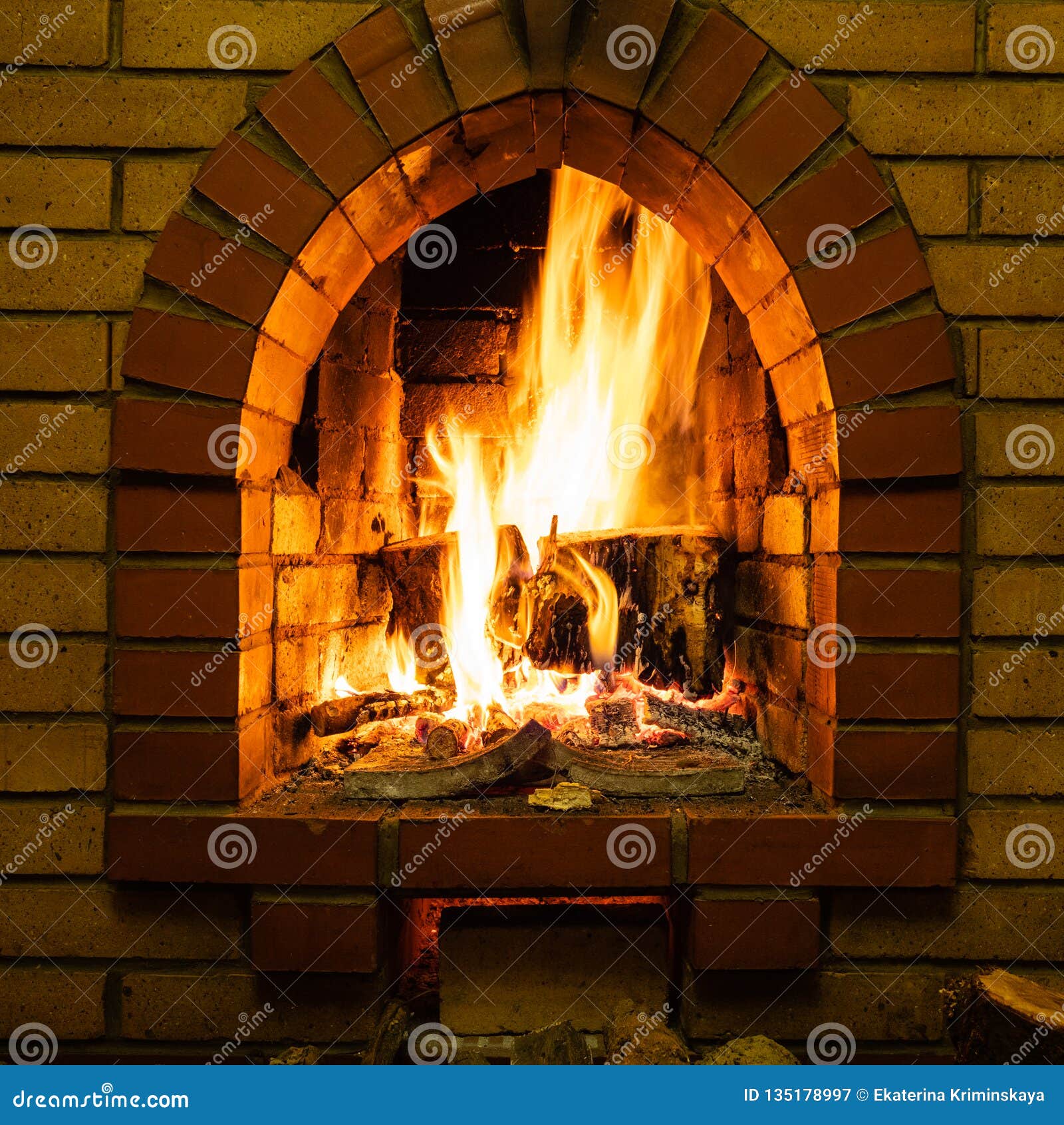 Front View of Brick Fireplace with Fire Stock Image - Image of charcoal ...