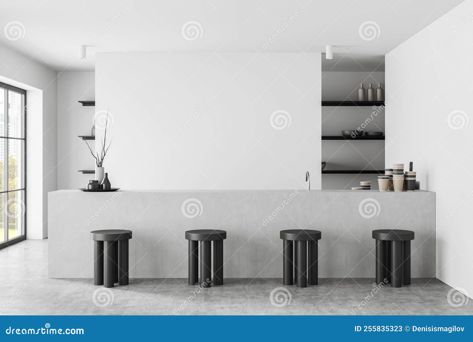 Front View on Bright Cafe Interior with Empty White Wall Stock ...