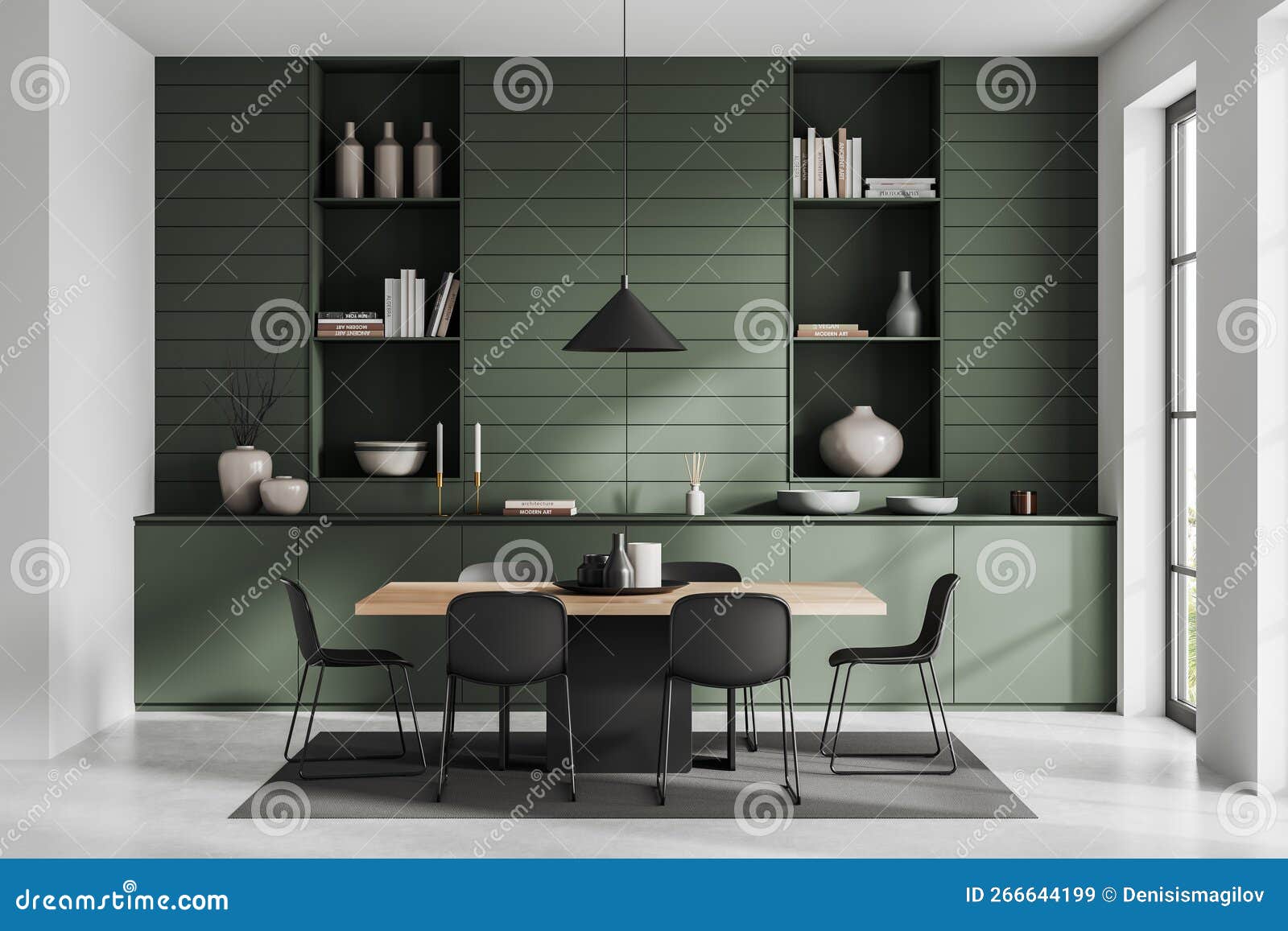 Front View on Bright Dining Room Interior with Dining Table Stock ...