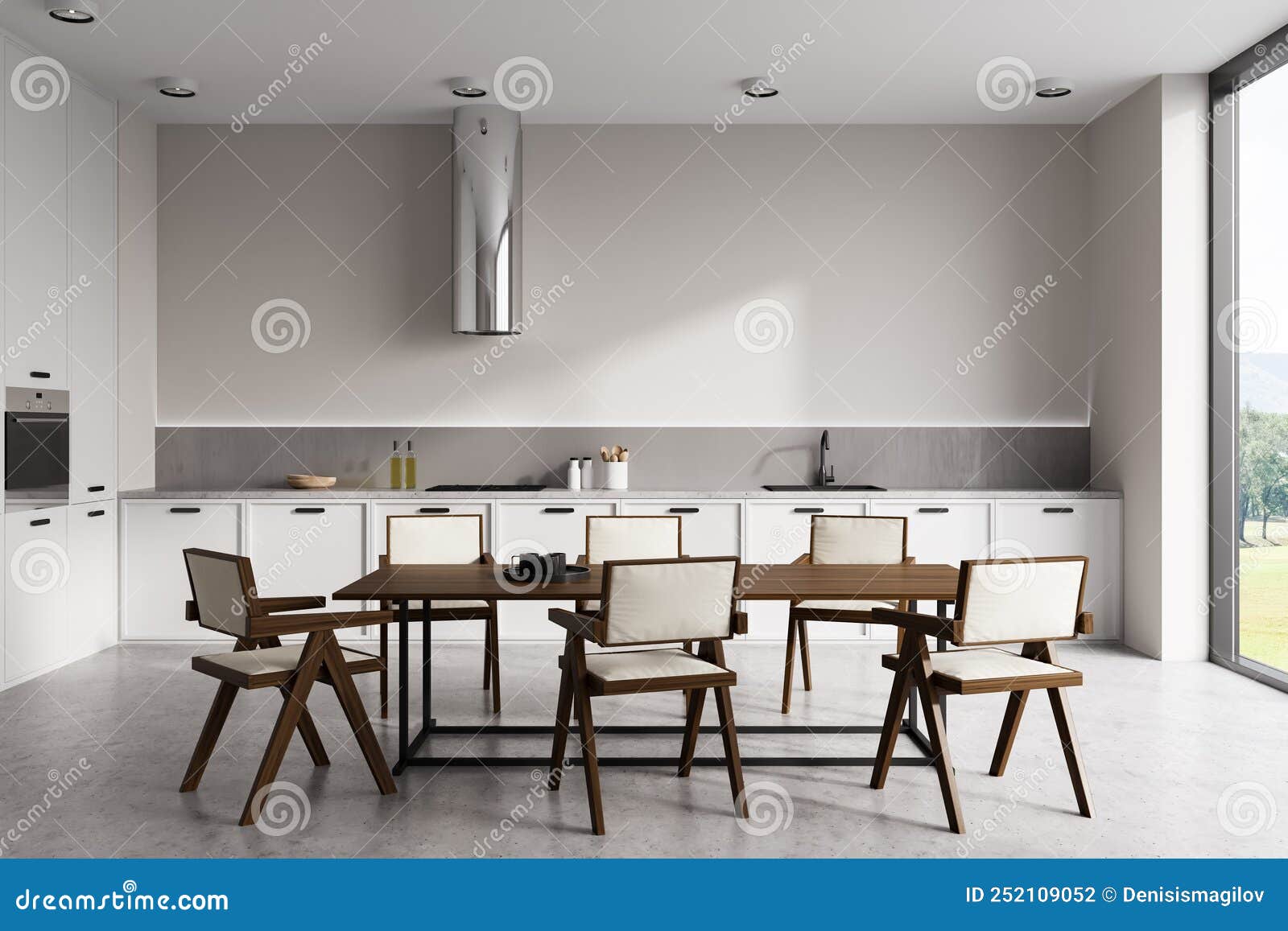 Front View on Bright Kitchen Room Interior with Dining Table Stock ...