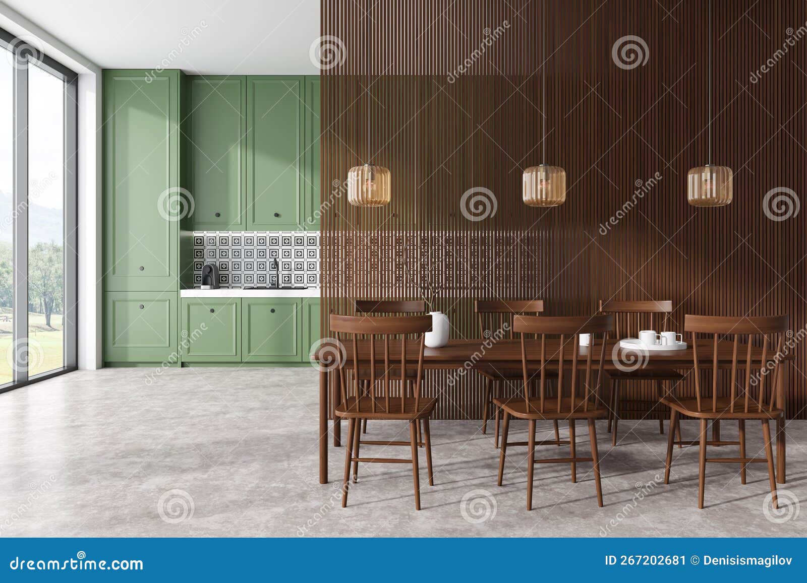 Front View on Bright Kitchen Room Interior with Dining Table Stock ...