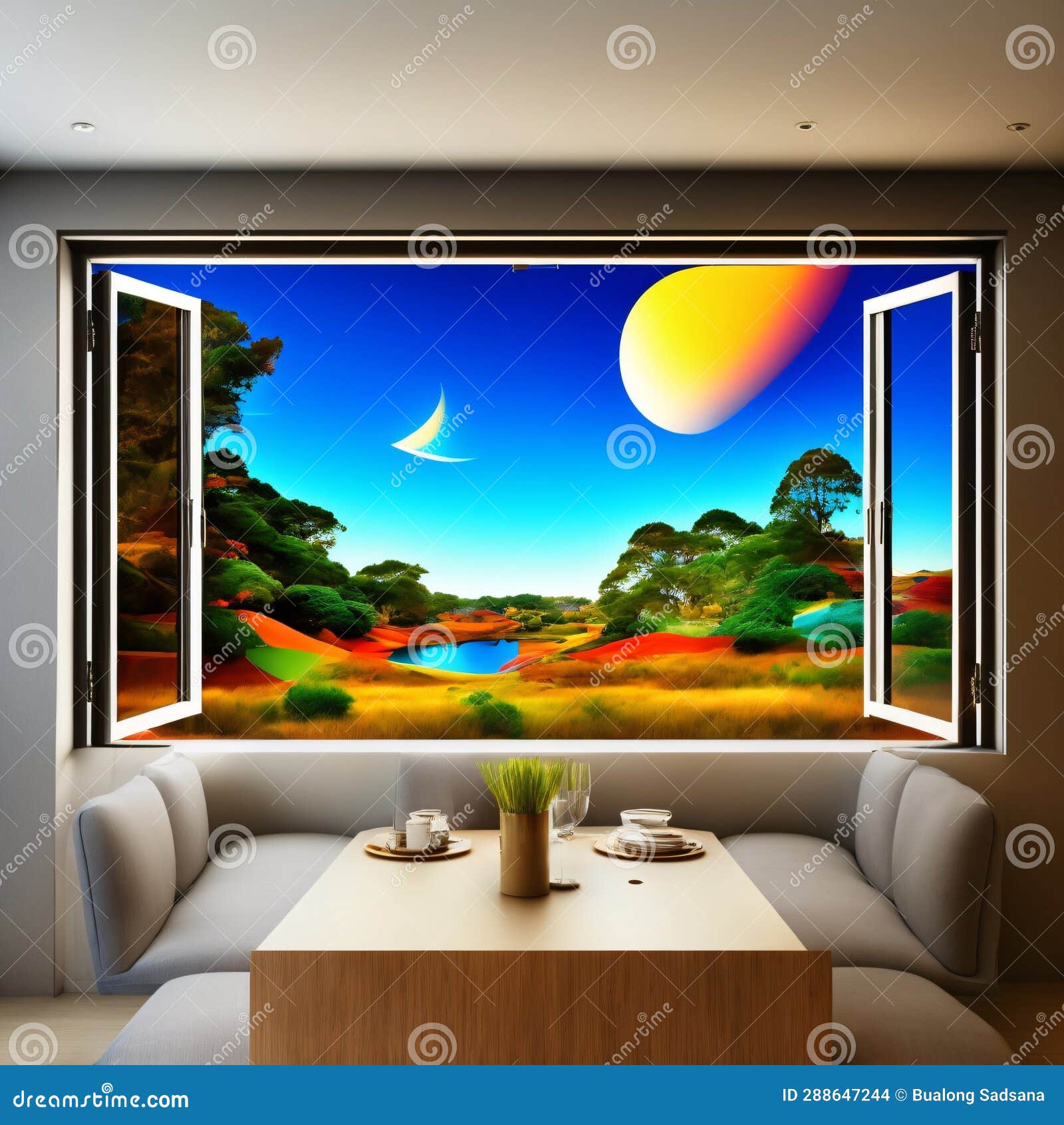 Front View on Bright Kitchen Room Interior with Panoramic Window Stock ...