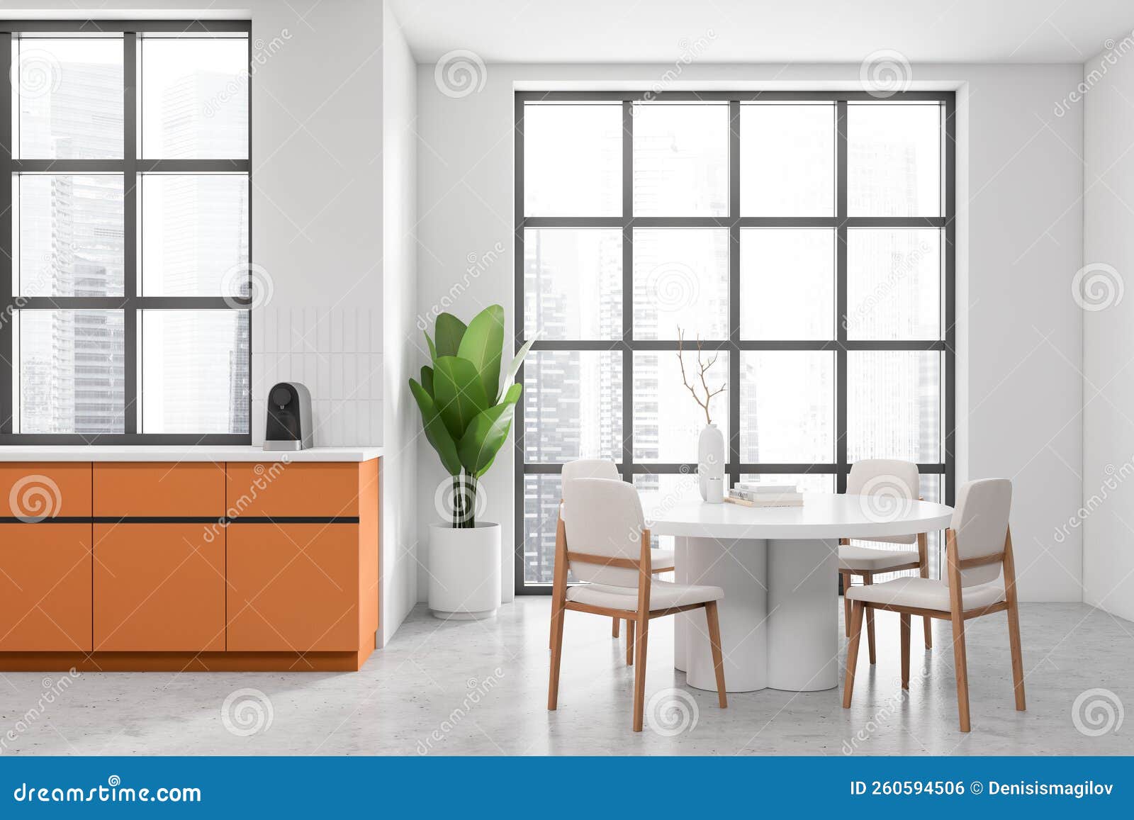 Front View on Bright Kitchen Room Interior with Panoramic Window Stock ...
