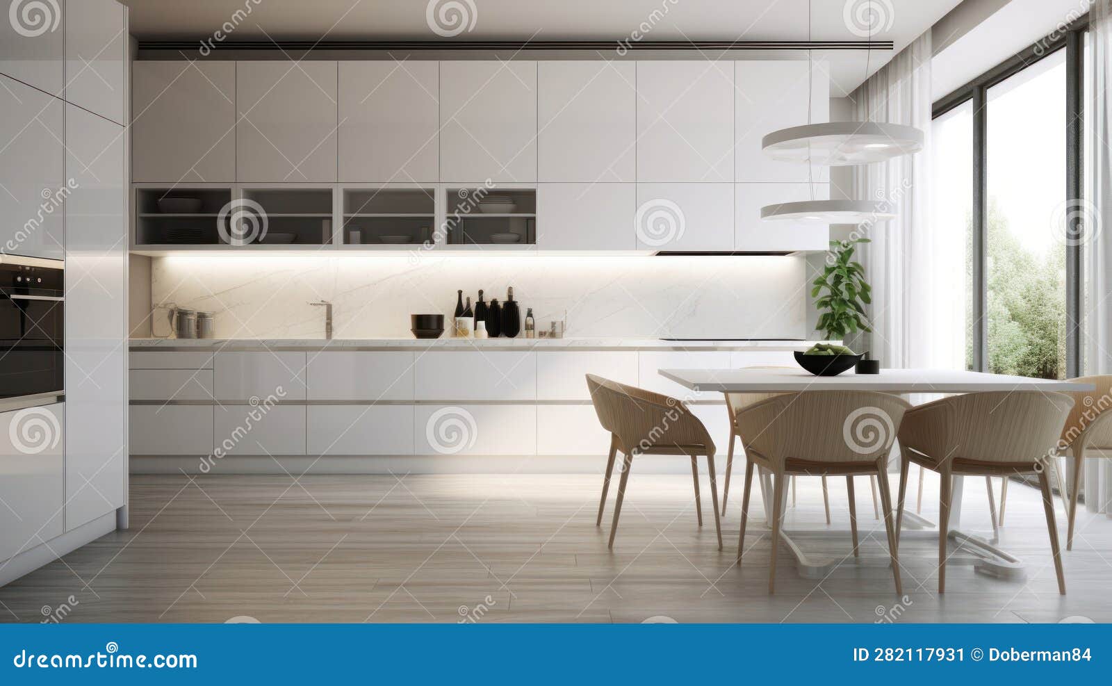 Front View on Bright Kitchen Room Interior with White Facades, White ...