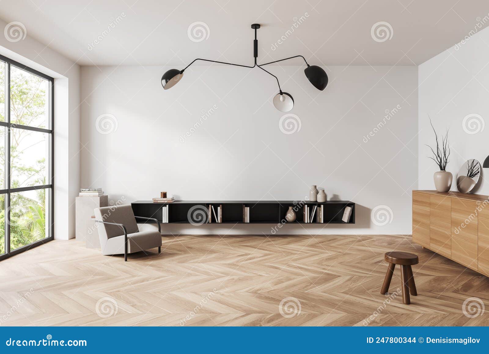 Front View on Bright Living Room Interior with Panoramic Window Stock ...
