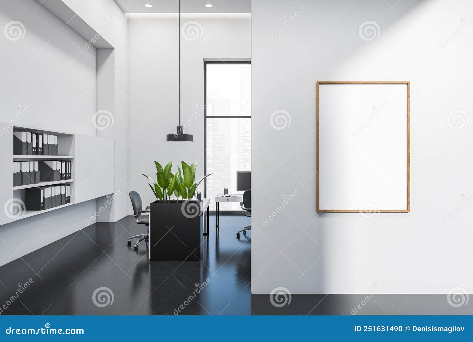 Front View on Bright Office Interior with Empty White Poster Stock ...