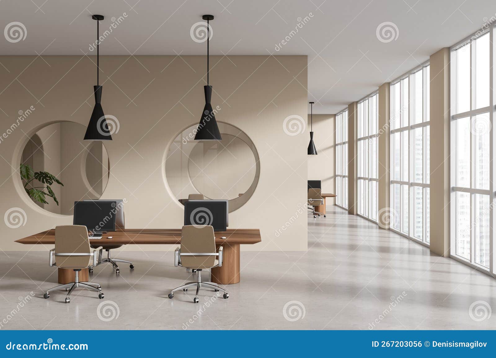 Front View on Bright Office Room Interior with Computers Stock ...