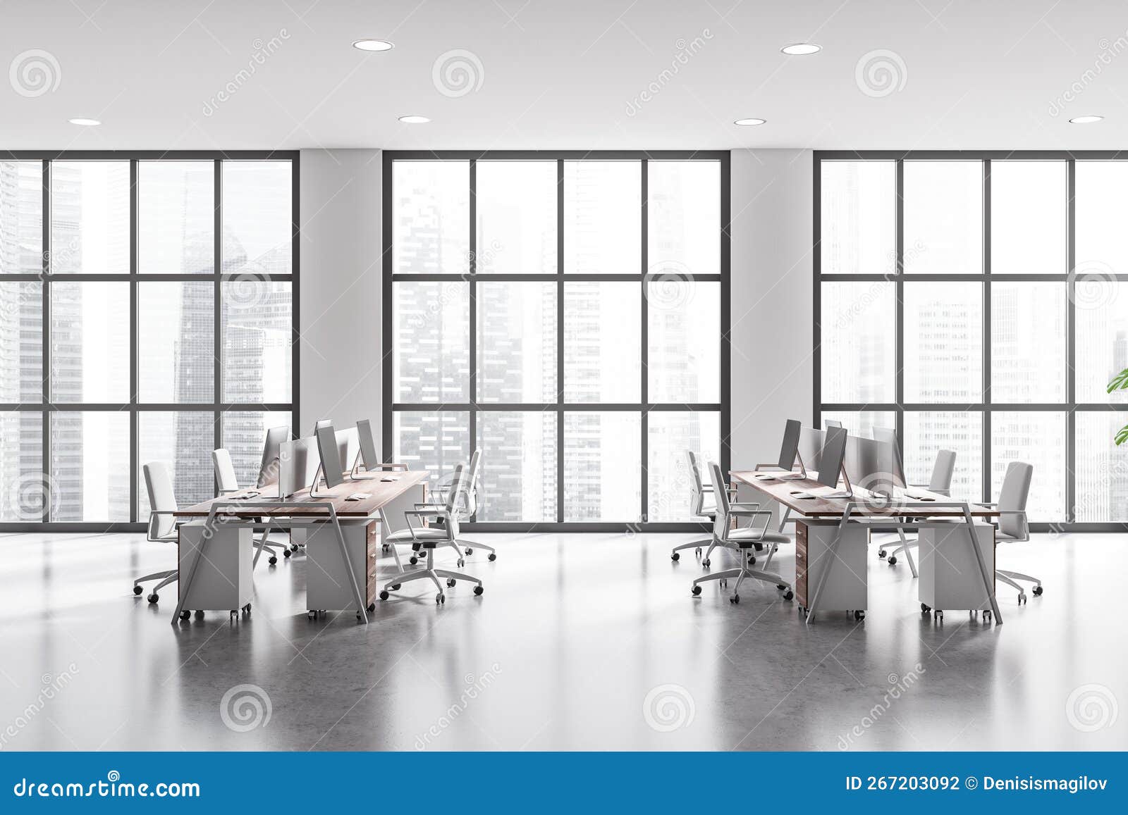 Front View on Bright Office Room Interior with Computers Stock ...