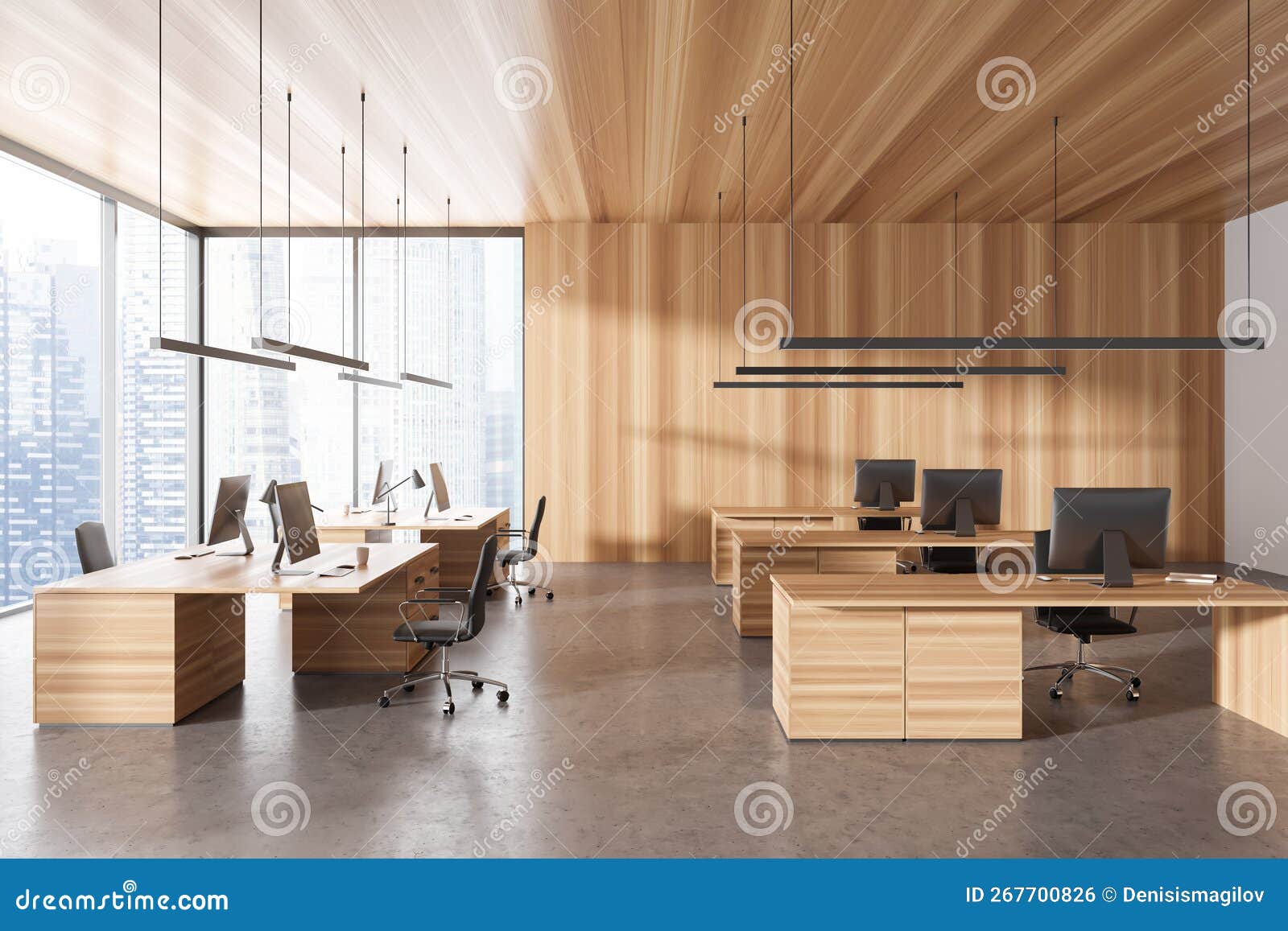 Front View on Bright Office Room Interior with Computers Stock ...