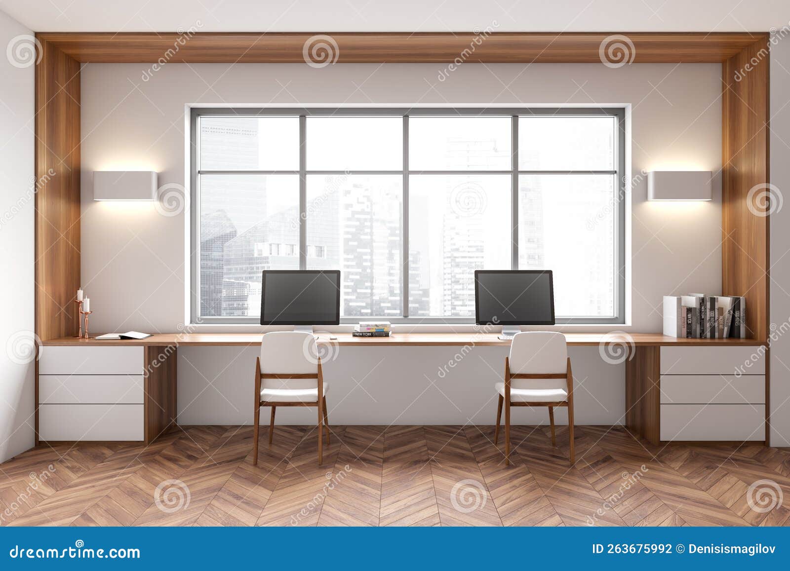 Front View on Bright Office Room Interior with Two Computers Stock ...