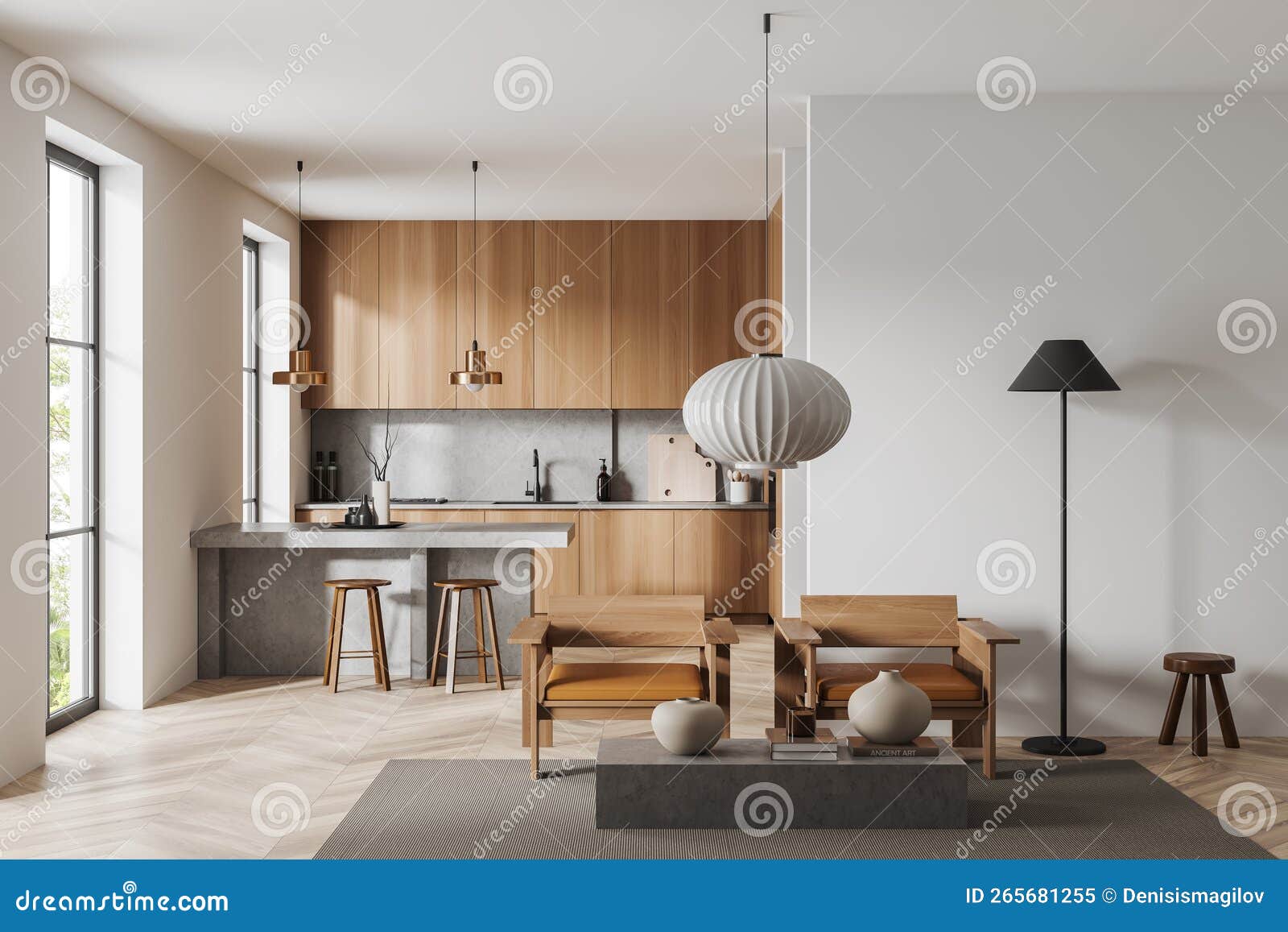 Front View on Bright Studio Room Interior with Armchairs, Island Stock ...
