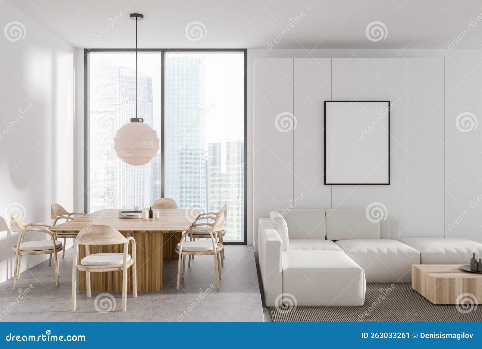 Front View on Bright Studio Room Interior with Empty Poster Stock ...