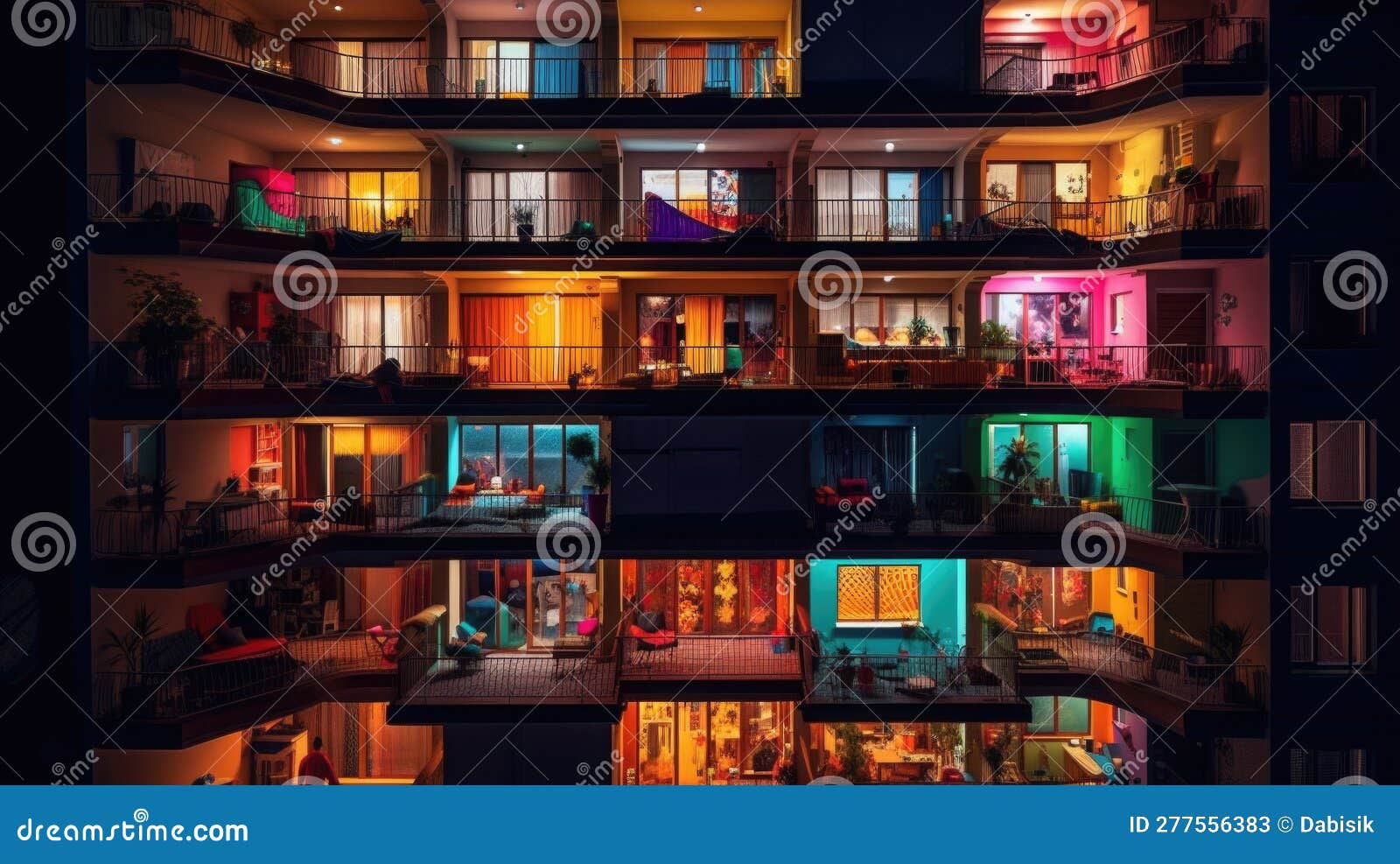 Front View of Building Facade with Colorful Windows at Night ...