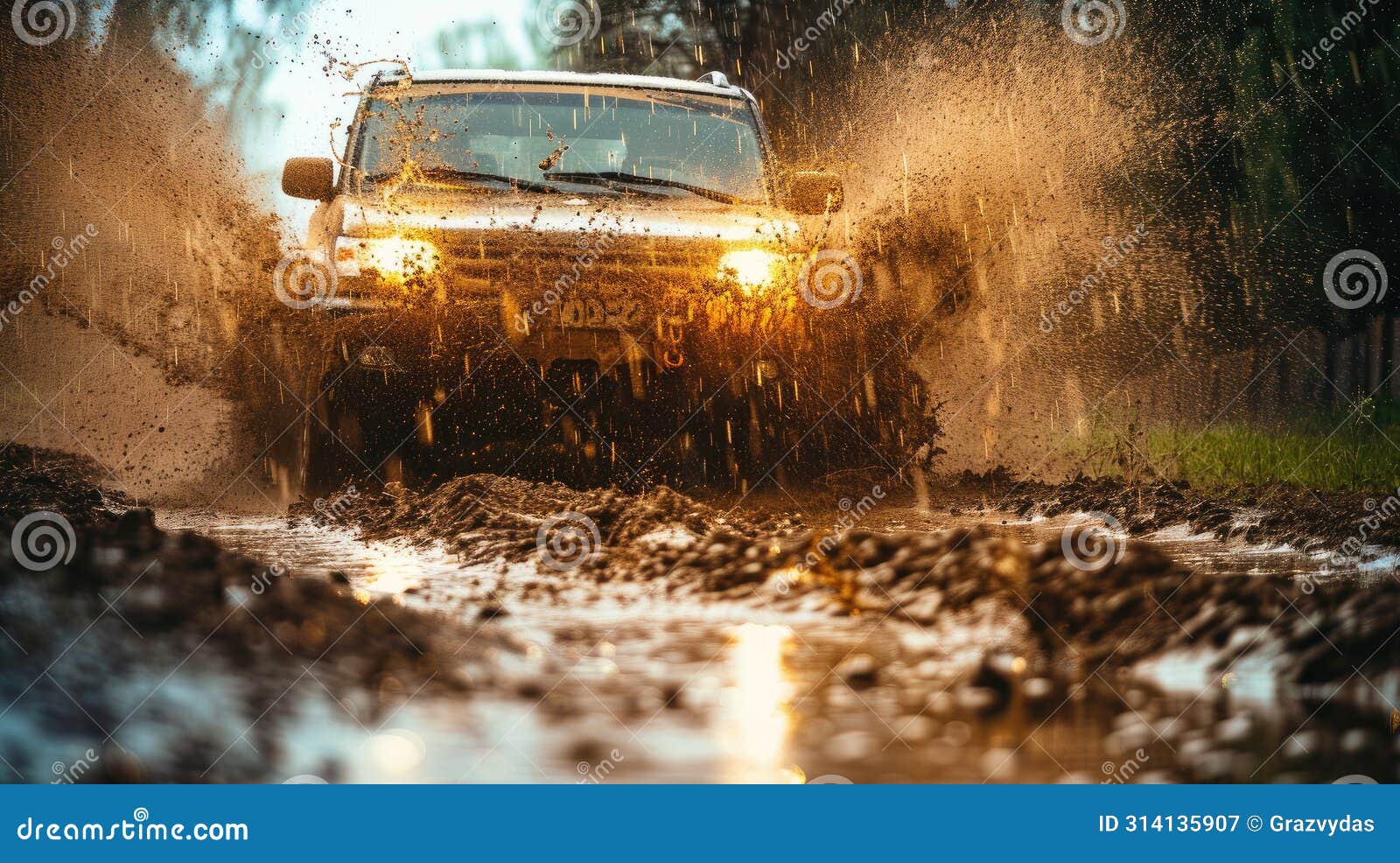 Front View of Car is Driving at a Fast Speed through the Puddles and ...