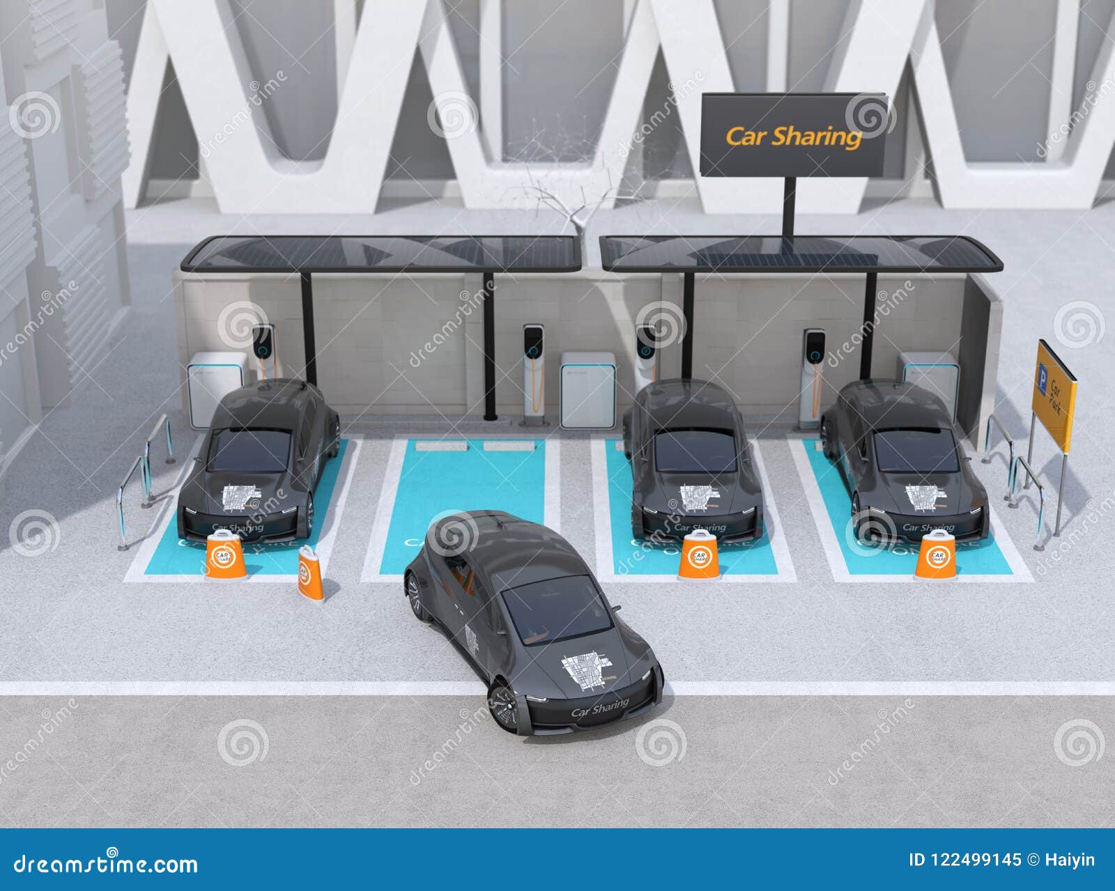 Front View of Car Sharing Parking Lot Equipped with Solar Panels ...