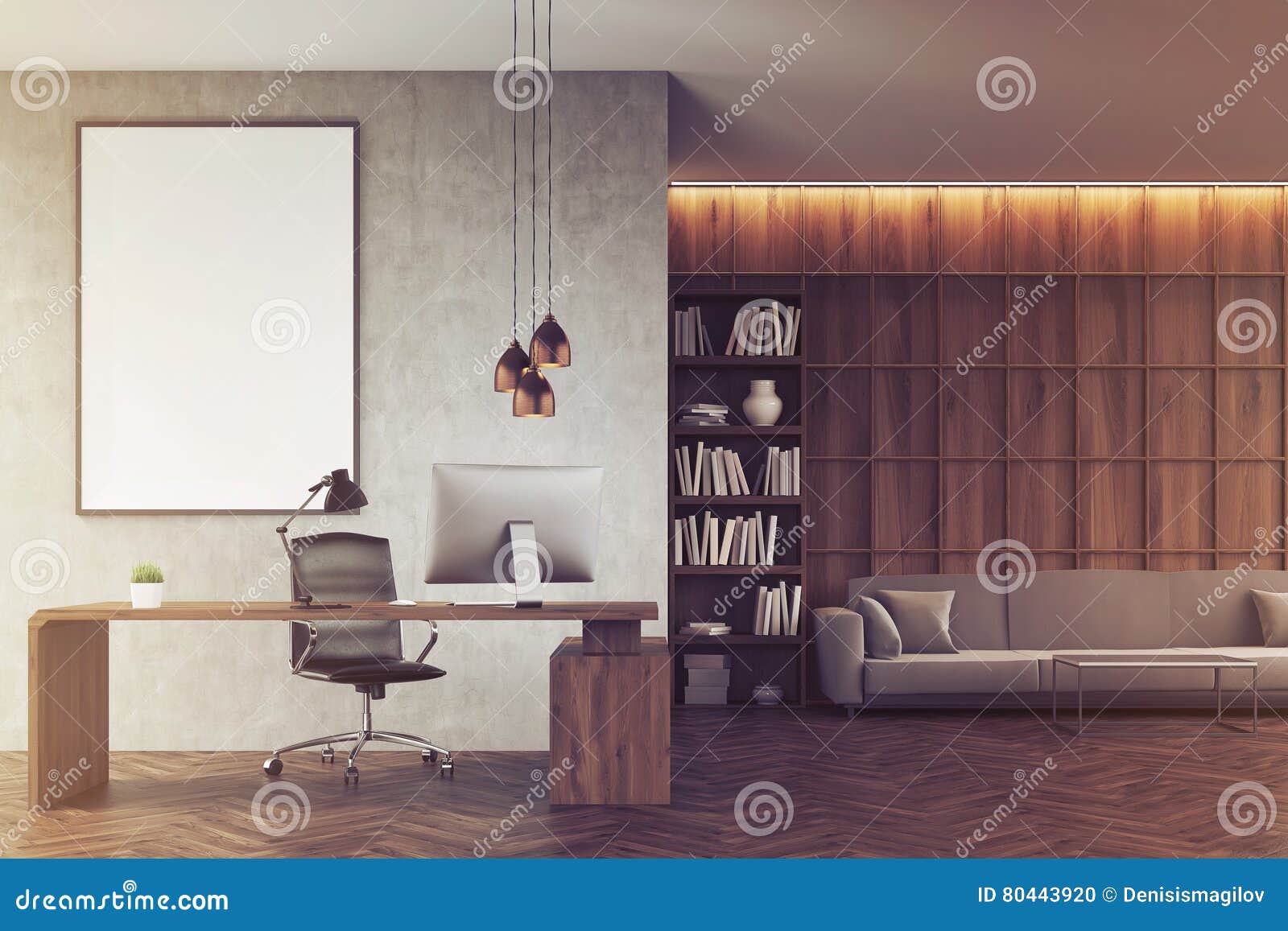 Front View of CEO Office with Bookcase, Toned Stock Illustration ...