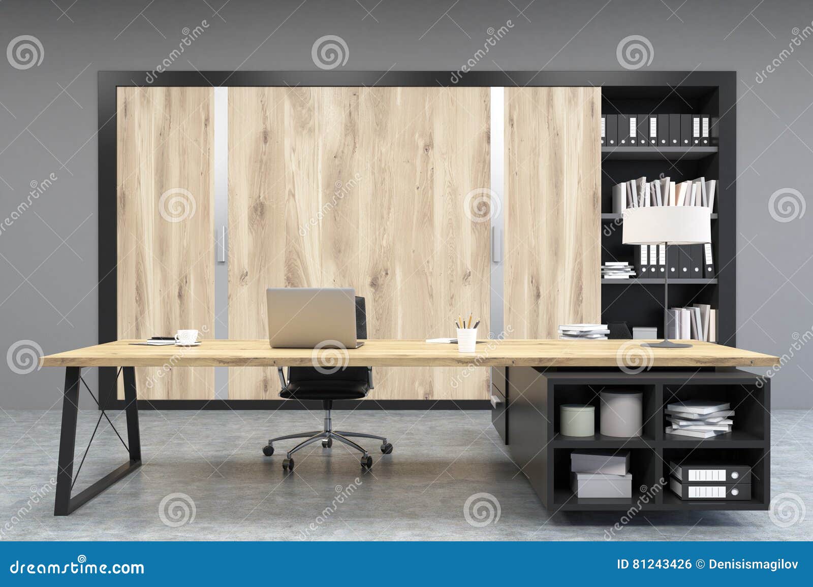 Front View of a CEO Office with Wooden Doors and a Bookcase Stock ...