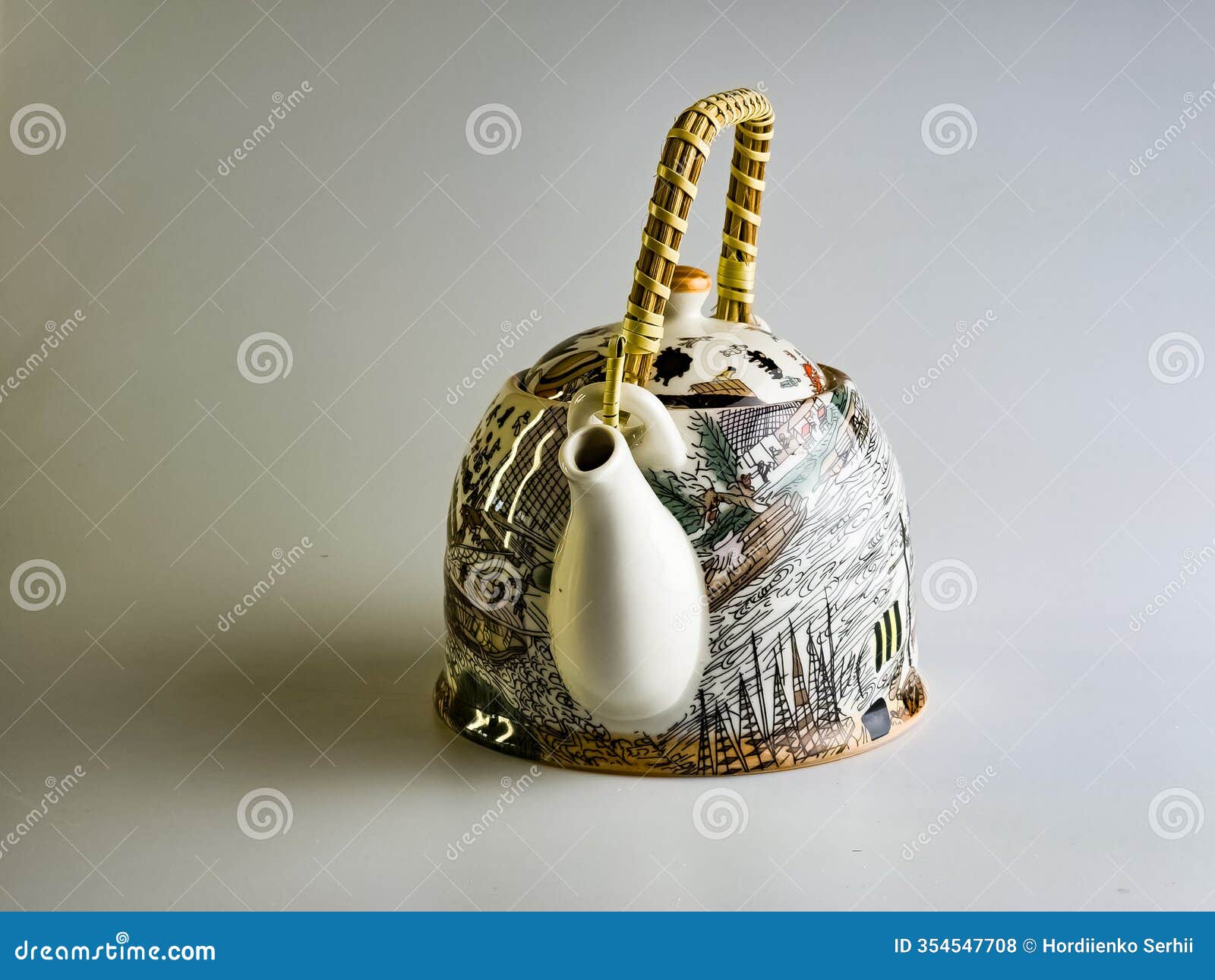 Front View. Ceramic Teapot with Abstract Pattern and Wicker Straw ...