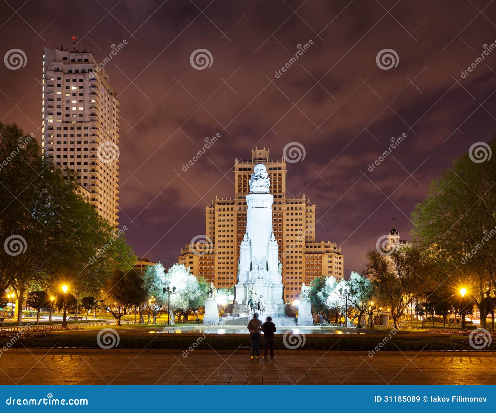 Front View of Cervantes Monument at Madrid in Night Stock Image - Image ...