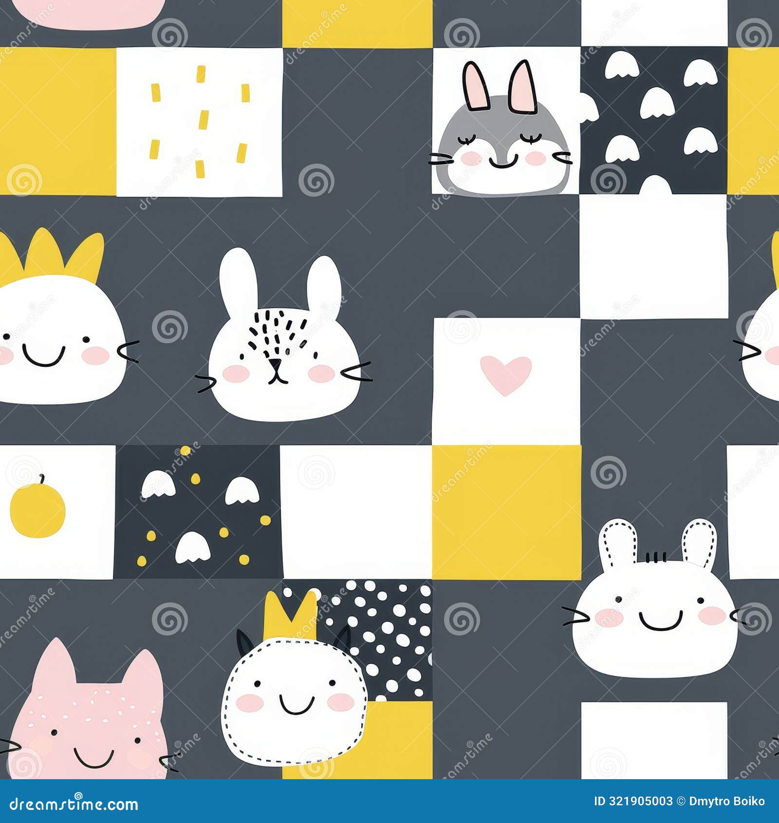 Front View Checkerboard Pattern Cheerful Domestic Animal Faces ...