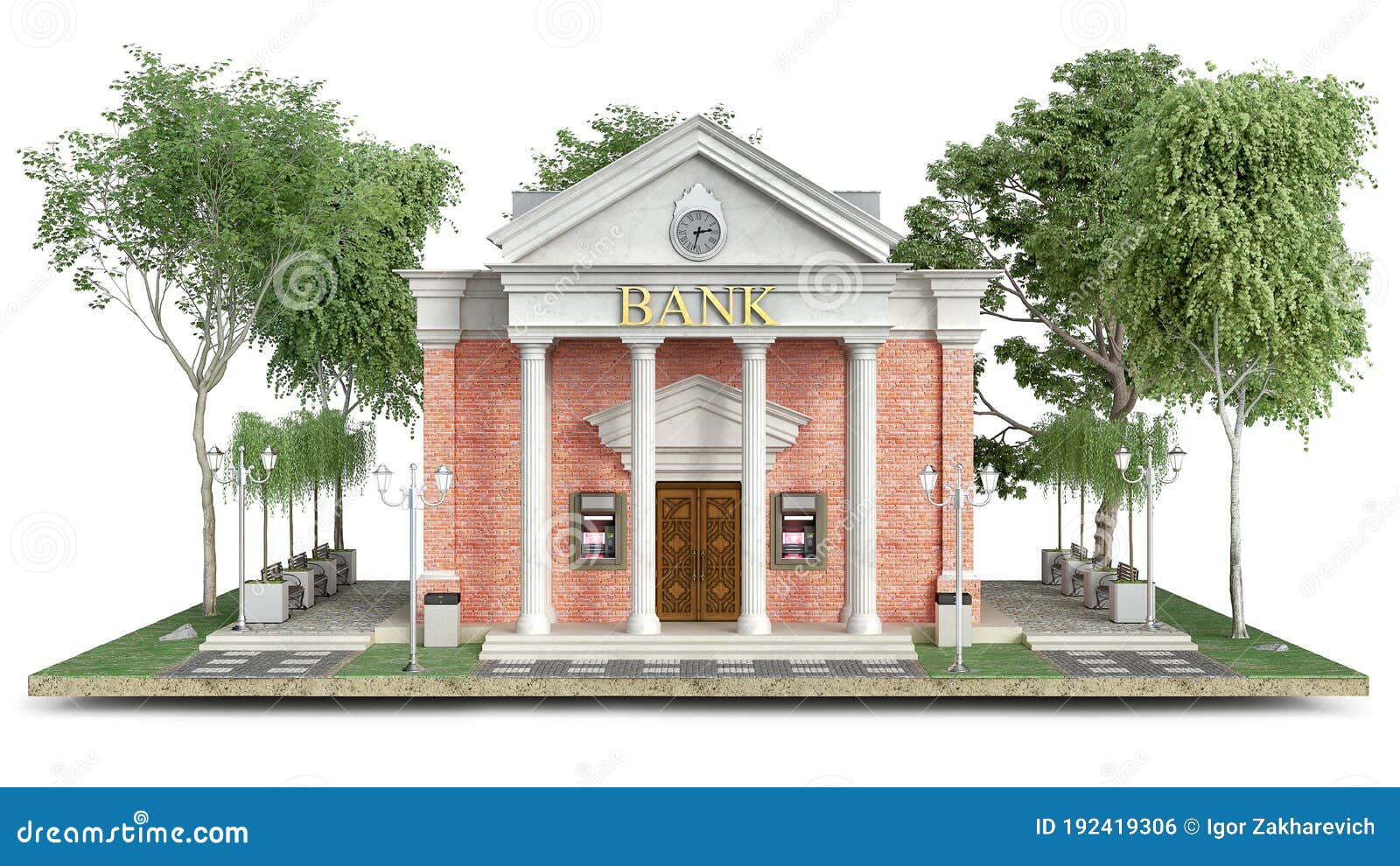 Front View on Classic Bank Building and Household Plot on a Piece of ...