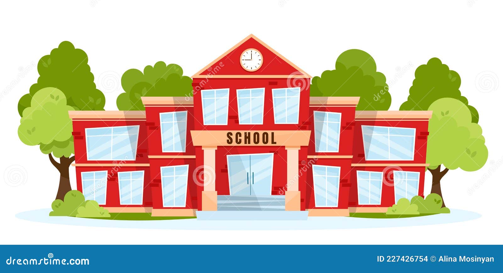 Front View of a Classic School Building with Clock, Big Windows and ...