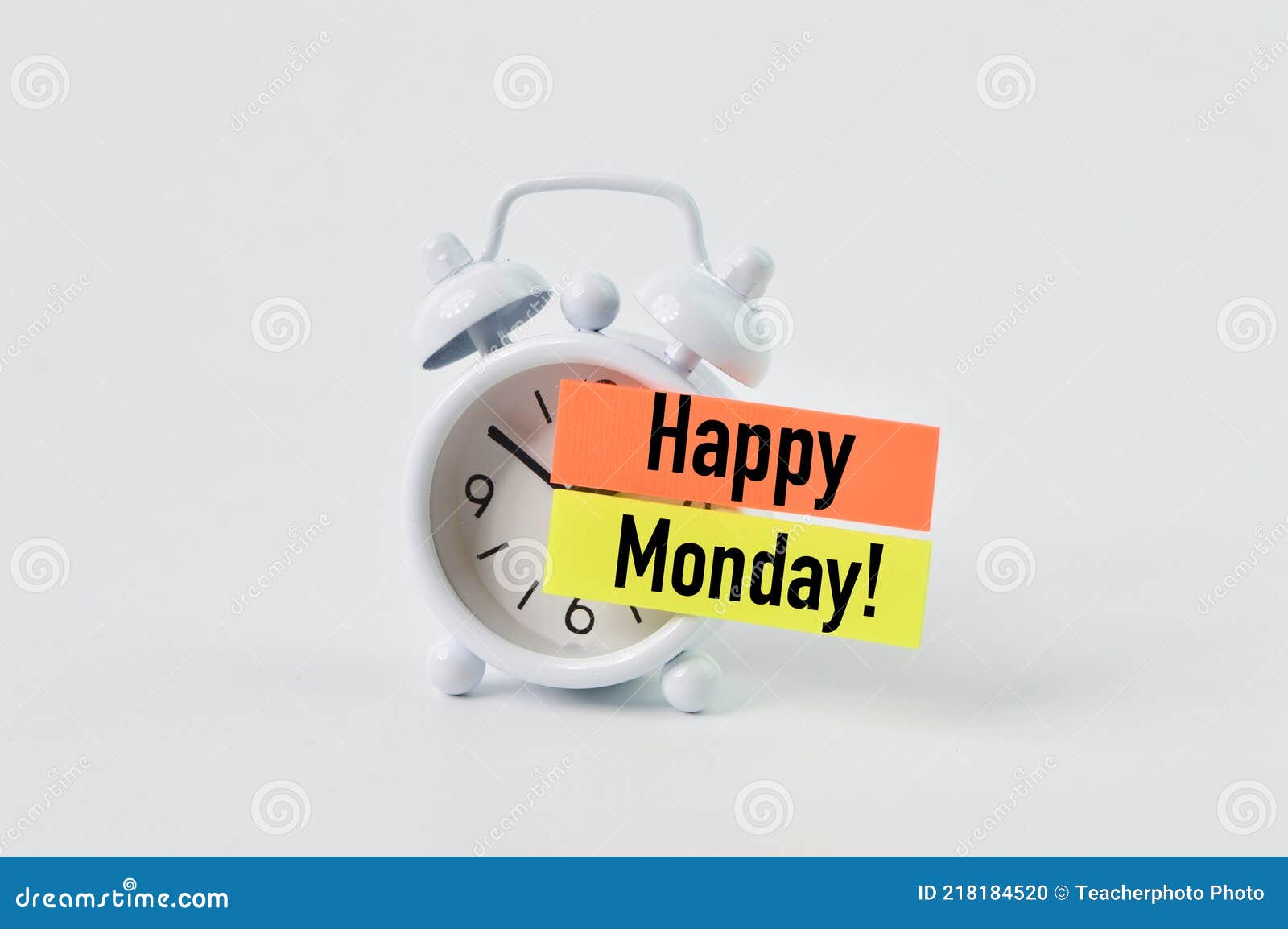 Front View of Clock and Memo Note with Text HAPPY MONDAY Stock Photo ...