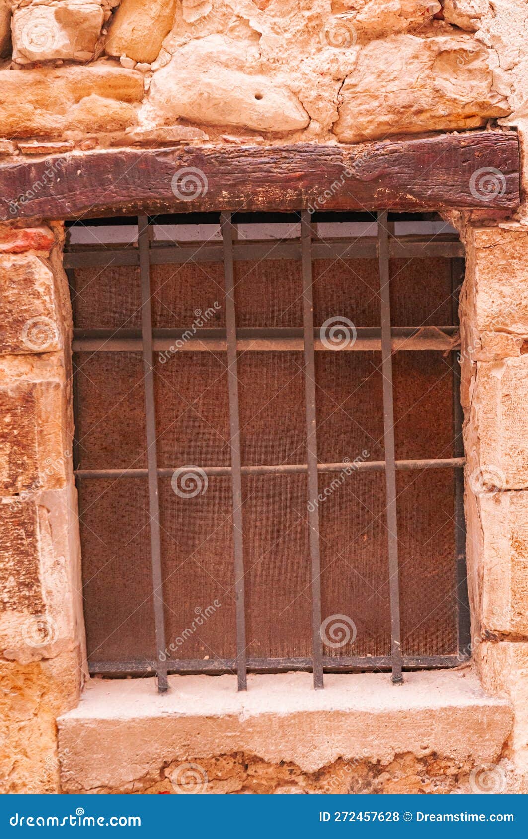 Closed, Iron Bared Window with Lumber Header, in Stone Wall of a Prison ...