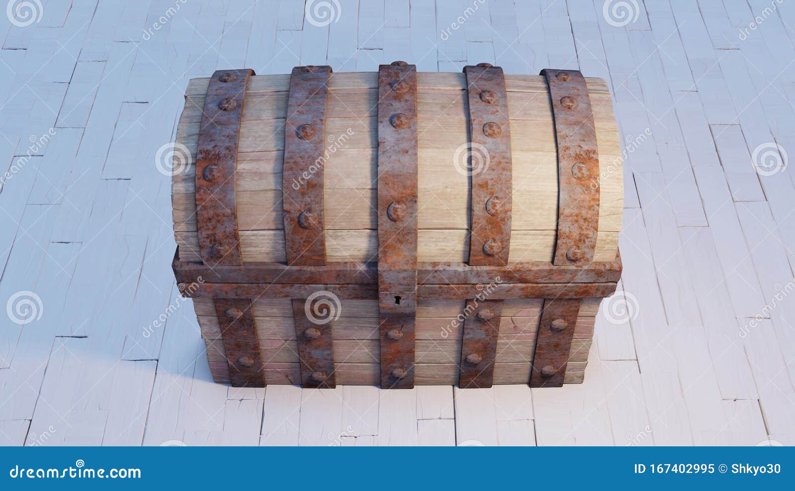 Front View and Close-up of an Old Wood with Rusty Metal Chest Closed ...