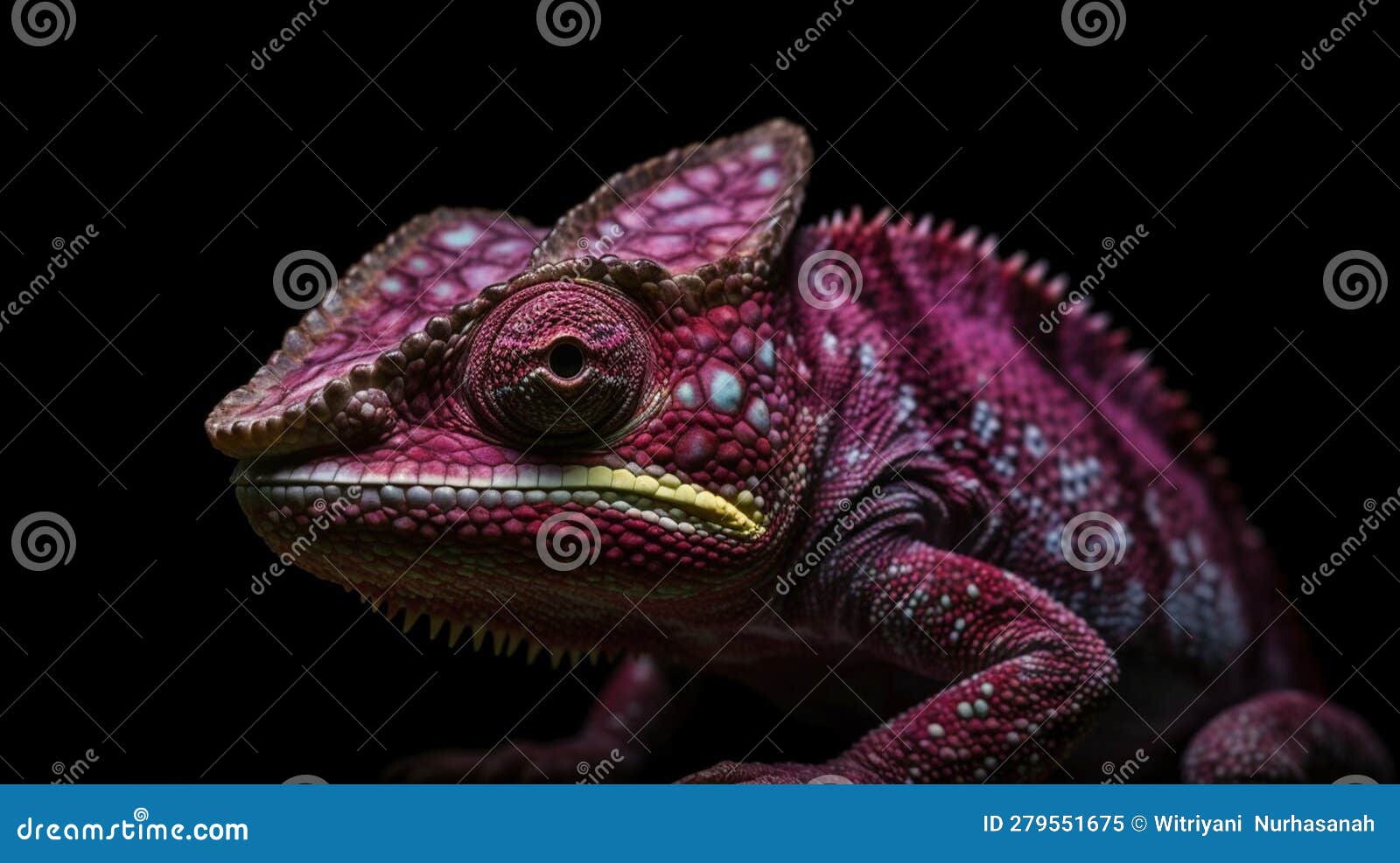 Front View, Close-up of a Purple-glowing Pink Chameleon Looking at the ...